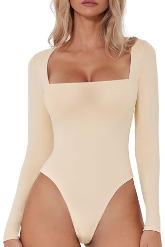 QINSEN Bodysuit Shirts for Women Square Neck Long Sleeve Shirt Double Lined Tops Marzipan M