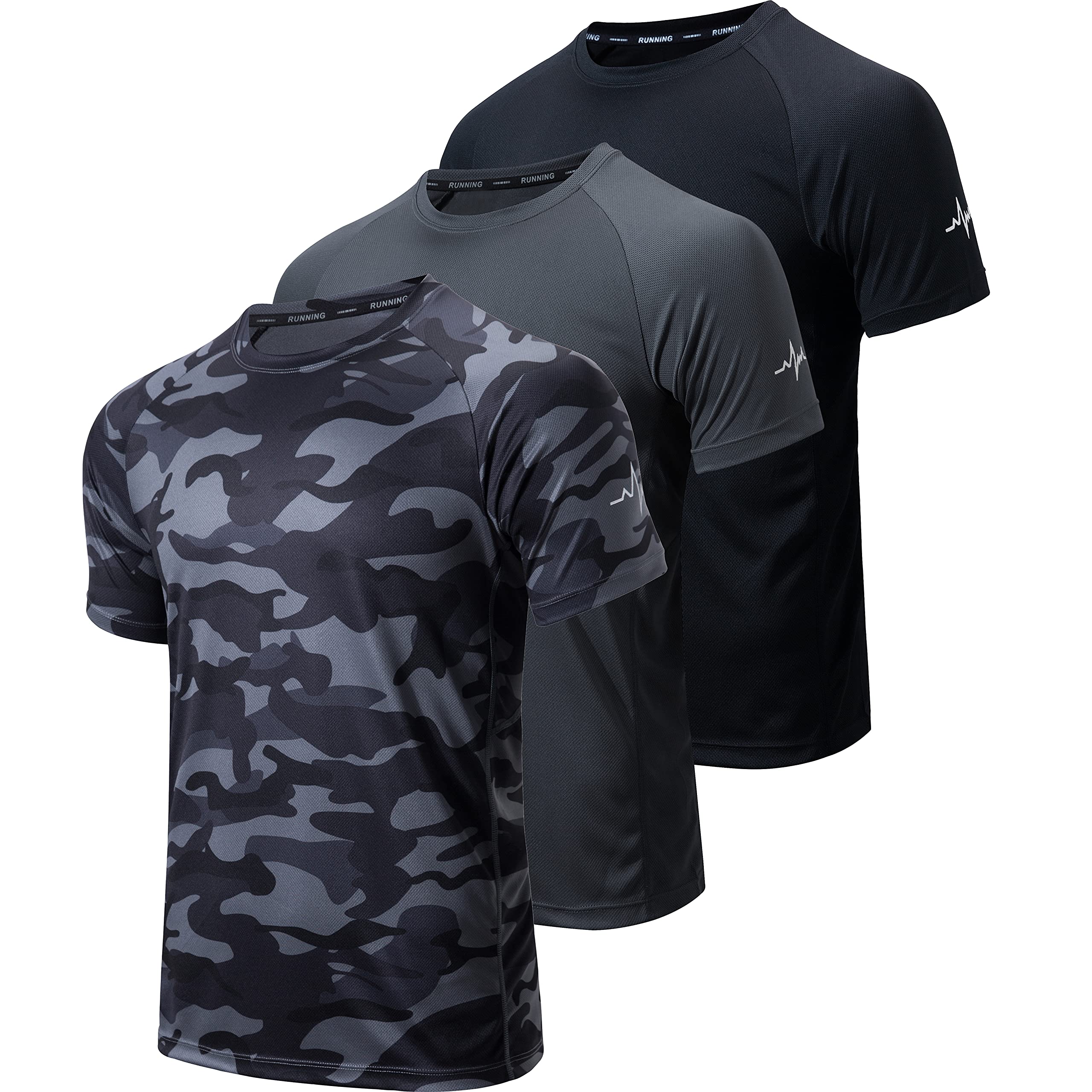 WanNiu Men's 3 Pack Workout Shirt Dry Fit Athletic Gym Short Sleeve Mesh Moisture Wicking, Blackgrey Camo Black, Medium