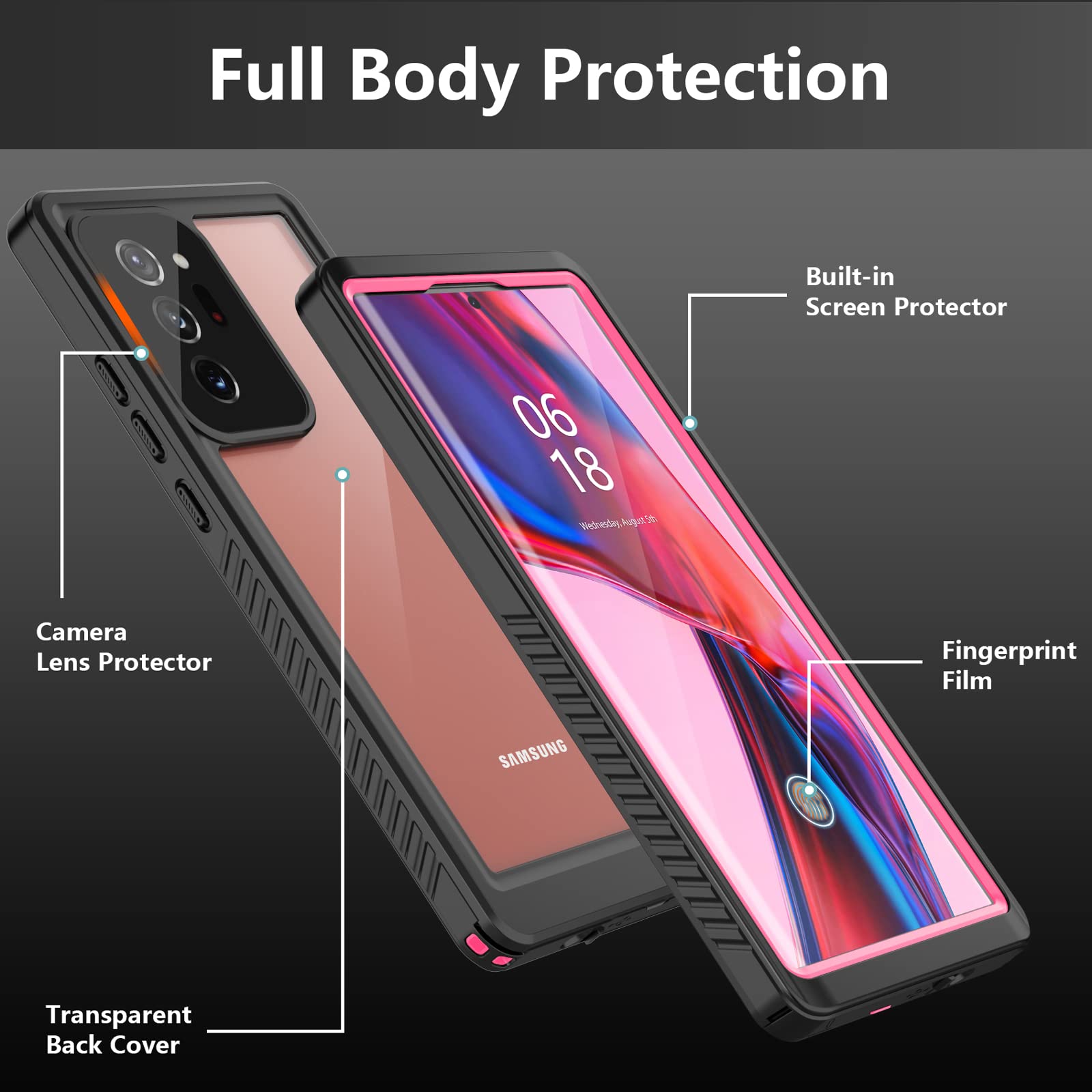 Pakuya for Samsung Galaxy Note 20 Ultra Case Waterproof, Built in Screen Protector, Full-Body Protection Heavy Duty Shock-Proof Cover Waterproof Case for Galaxy Note 20 Ultra 6.9'' 5G(Rose Red/Clear)