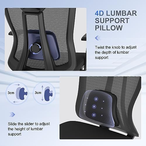 Office Chair, Ergonomic Desk Chair with Seat Slider, 4D Pillow Lumbar Support Height & Depth Adjustment, Tilt Lock, Adjustable Headrest & Armrest, Curved Cushion Computer Chair Home Office Desk Chairs