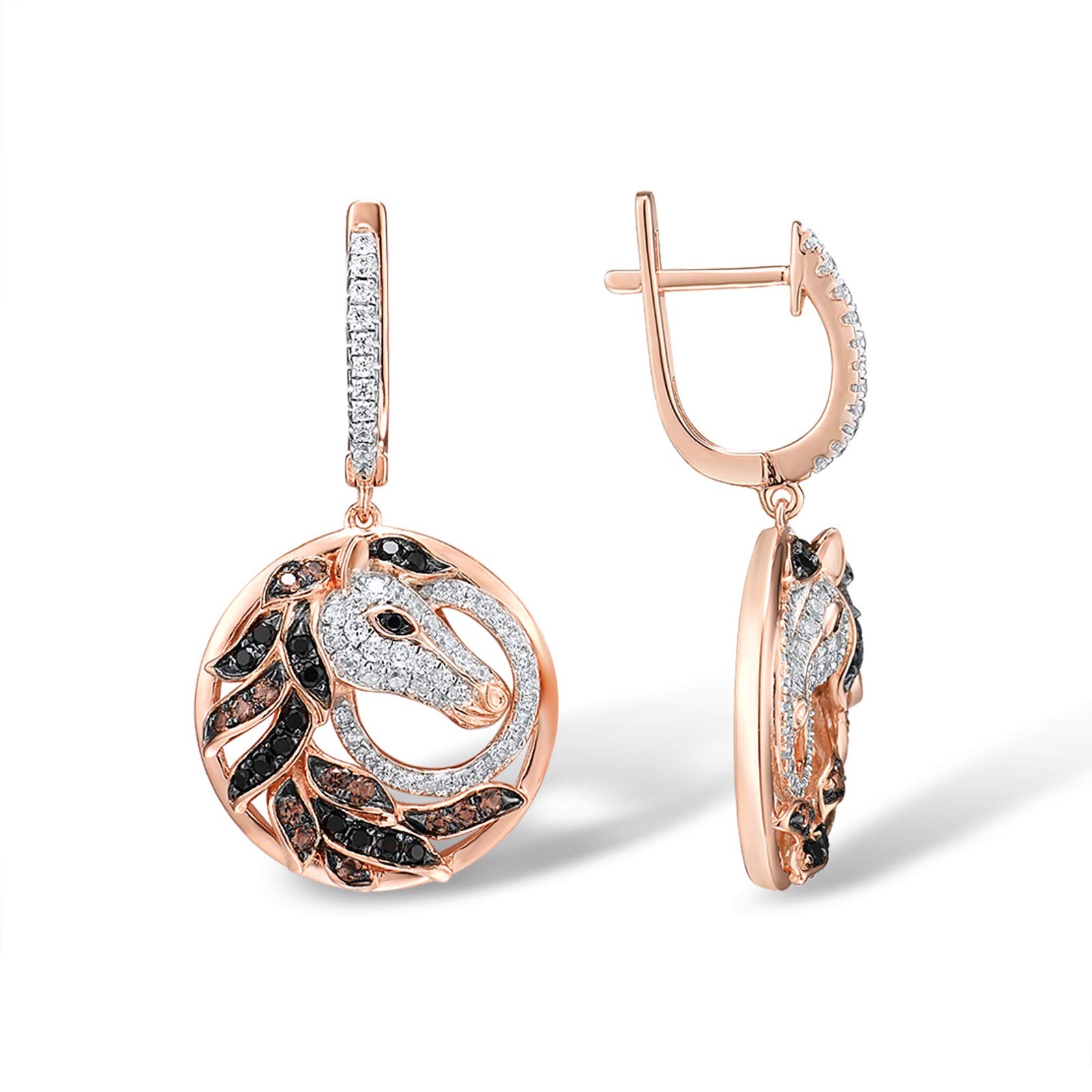 Santuzza 925 Sterling Silver Horse Dangle Earrings Black Spinel White Cubic Zirconia Animal Drop Earring 14K Rose Gold Plated Jewelry