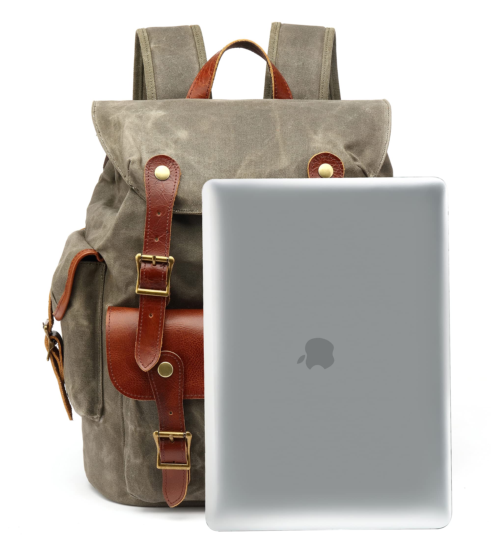 Waxed Canvas Leather Backpack for Men, Military Tactical Shoulder Rucksack for Travel Bag (M85_Khaki)