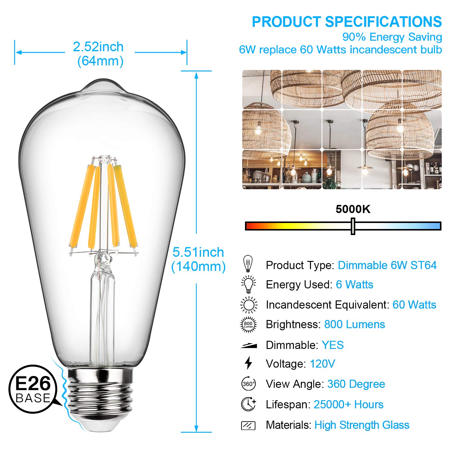 SHINE HAI 10-Pack LED Edison Bulb Dimmable, Daylight White 5000K, 60W Equivalent, 6W, 800 Lumens High Brightness, ST64 Vintage Filament Light Bulb, LED Antique Bulbs, CRI 85+, E26 Medium Base
