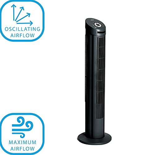 Seville Classics UltraSlimline Indoor Bladeless Oscillating Tower Fan Quiet Cooling LED Display Space-Saving for Home w/Remote and 7.5H Timer, Black, 40" 4-speed (75 degrees)