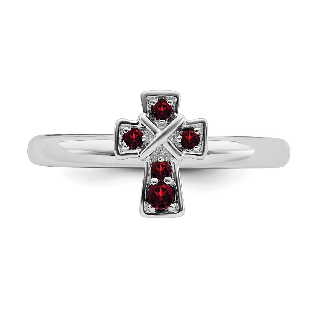 Stackable Expressions Sterling Silver Rhodium Plated Garnet Cross Ring - Size 8