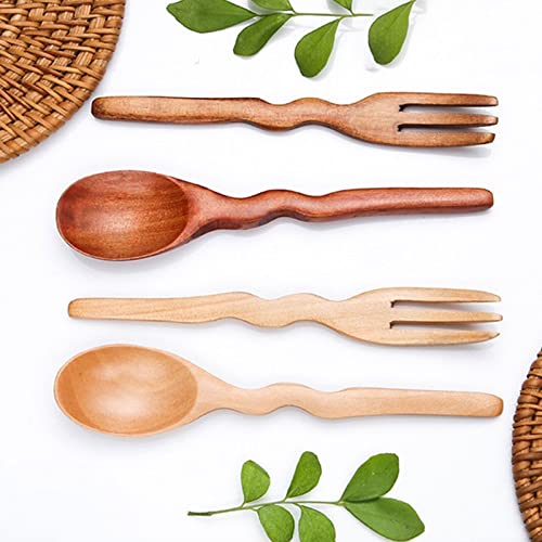 SEWALL 4 Pcs,Wooden Fork Spoon Wavy Shape Dessert Fork Spoon Portable Travel Spoon Reusable Food Fork Spoon Kitchen Accessories