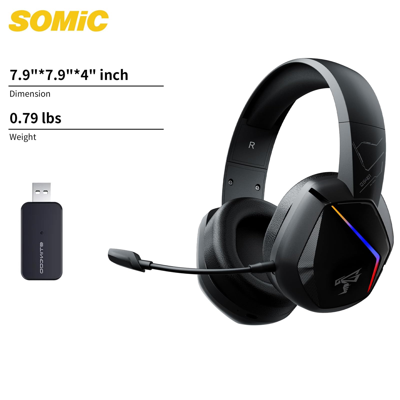 SOMIC 2.4G Wireless Gaming Headset with Microphone for PS5, PS4, Computer Gamer Headphone with Stereo Sound, Detachable Mic, Soft Earmuffs, RGB LED Light, 10H+ Playtime (Xbox one in Wired Mode) GS401