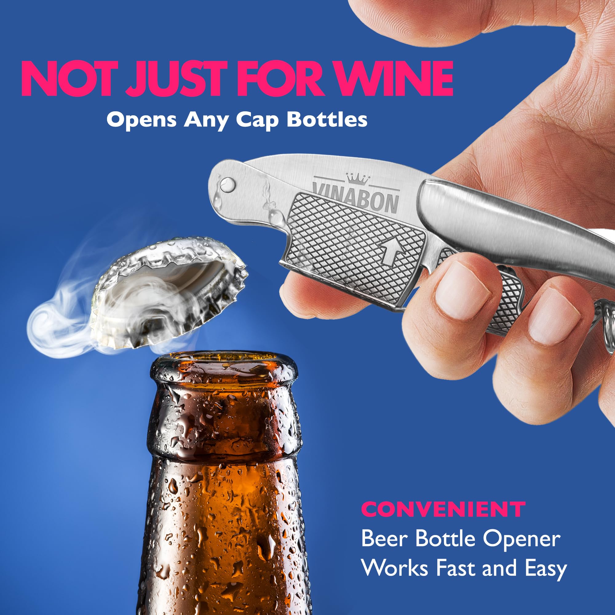 VINABON Waiters Corkscrew Wine Opener - Professional Quality 3-in-1 Stainless Steel Wine Key with Beer Opener for Servers and Bartenders - Manual Simple Wine Bottle Opener. Includes WineGuide Ebook