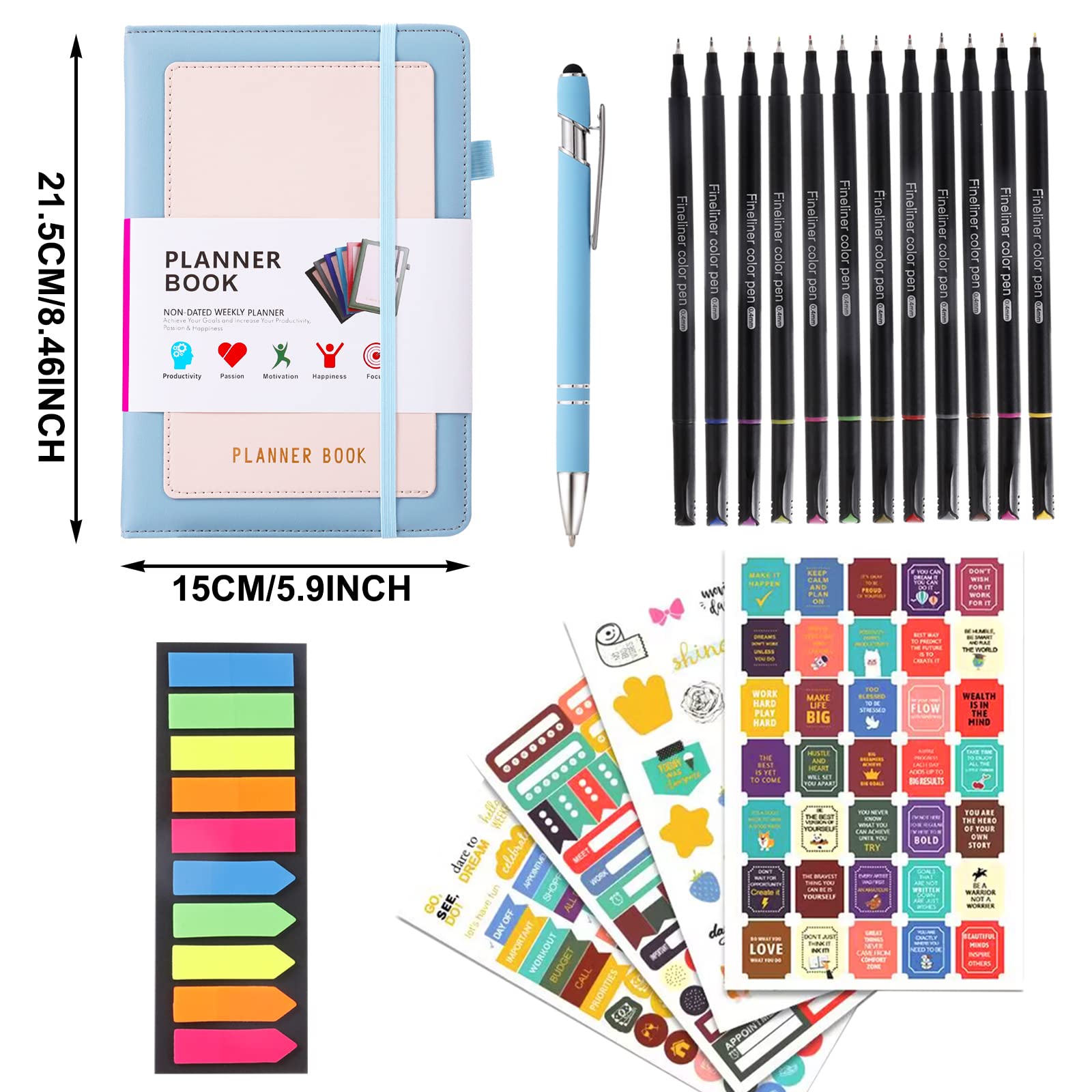 Update Pu Leather Monthly&Weekly Life Planner Organizer Notebook Gratitude Journal Productivity Journal with Pen,12 Colors Fineliner Pen&Stickers Time Management for Men&Women(Lightblue)
