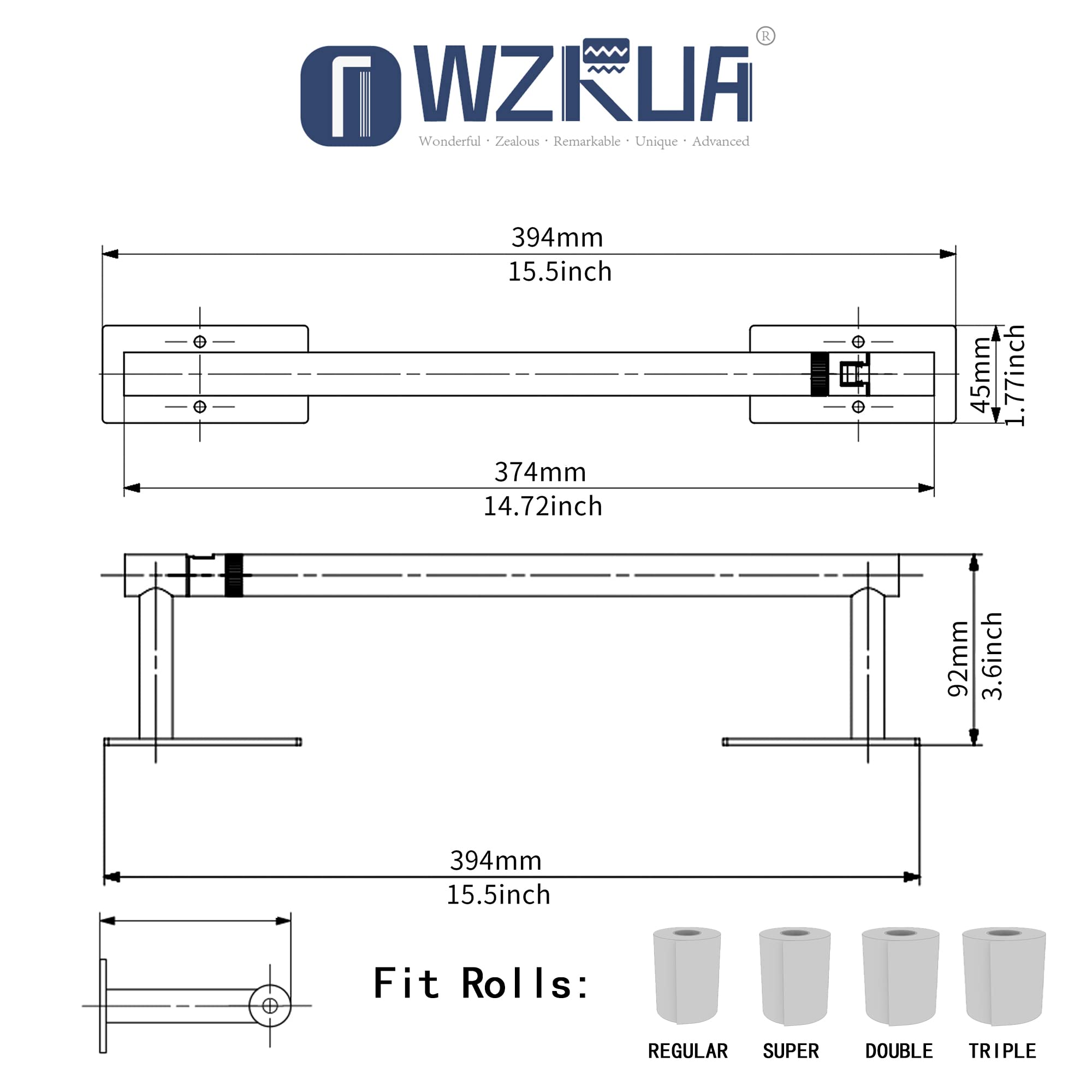 WZRUA Brushed Paper Towel Holder Under Cabinet, Self Adhesive Paper Towel Holder or Wall Mount Paper Towel Holder for Kitchen Bathroom SUS304 Stainless Steel Square Base