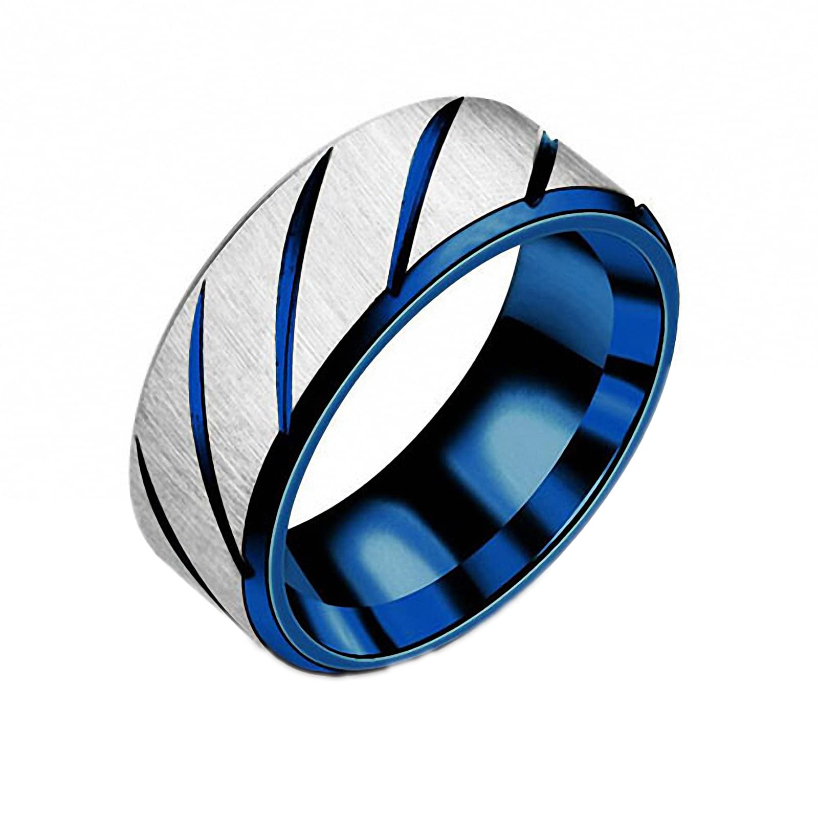 Stainless Steel Ring Inner Arc Double Oblique Side Batch Flower Twill Ring Jewelry Royal Blue 9