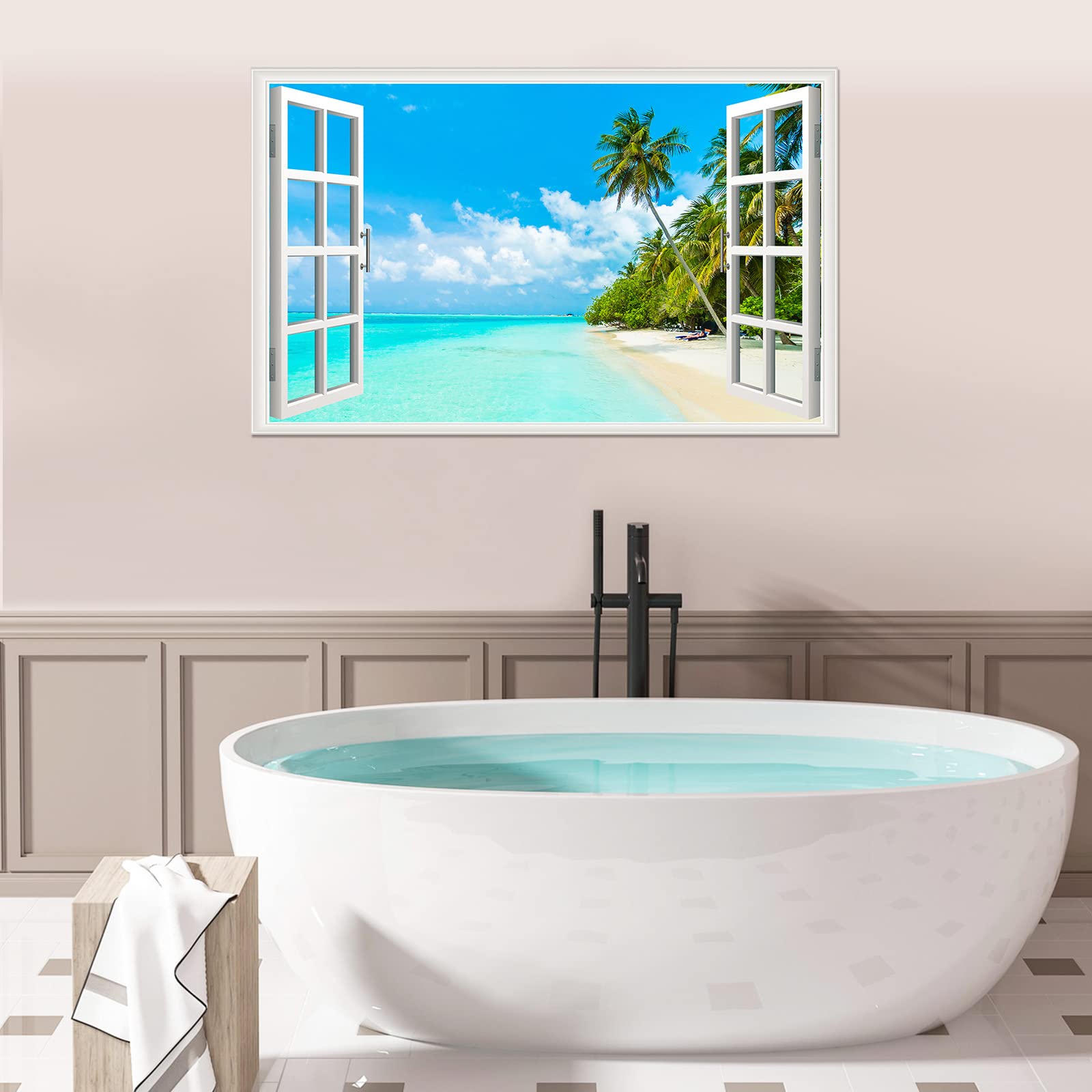 Rajahubri 3D Beach Fake Window Wall Stickers Blue Sky Window View Wall Decals Seascape Wall Sticker Removable Ocean Beach Wall Decals for Bedroom Kids Room