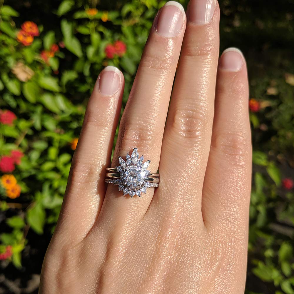 TwoBirch Sterling Silver Cubic Zirconia Delicate Tiara Floral Design Border Ring Guard Round Halo Engagement Ring CZ Duo Stackable Ring Set (Size 7)