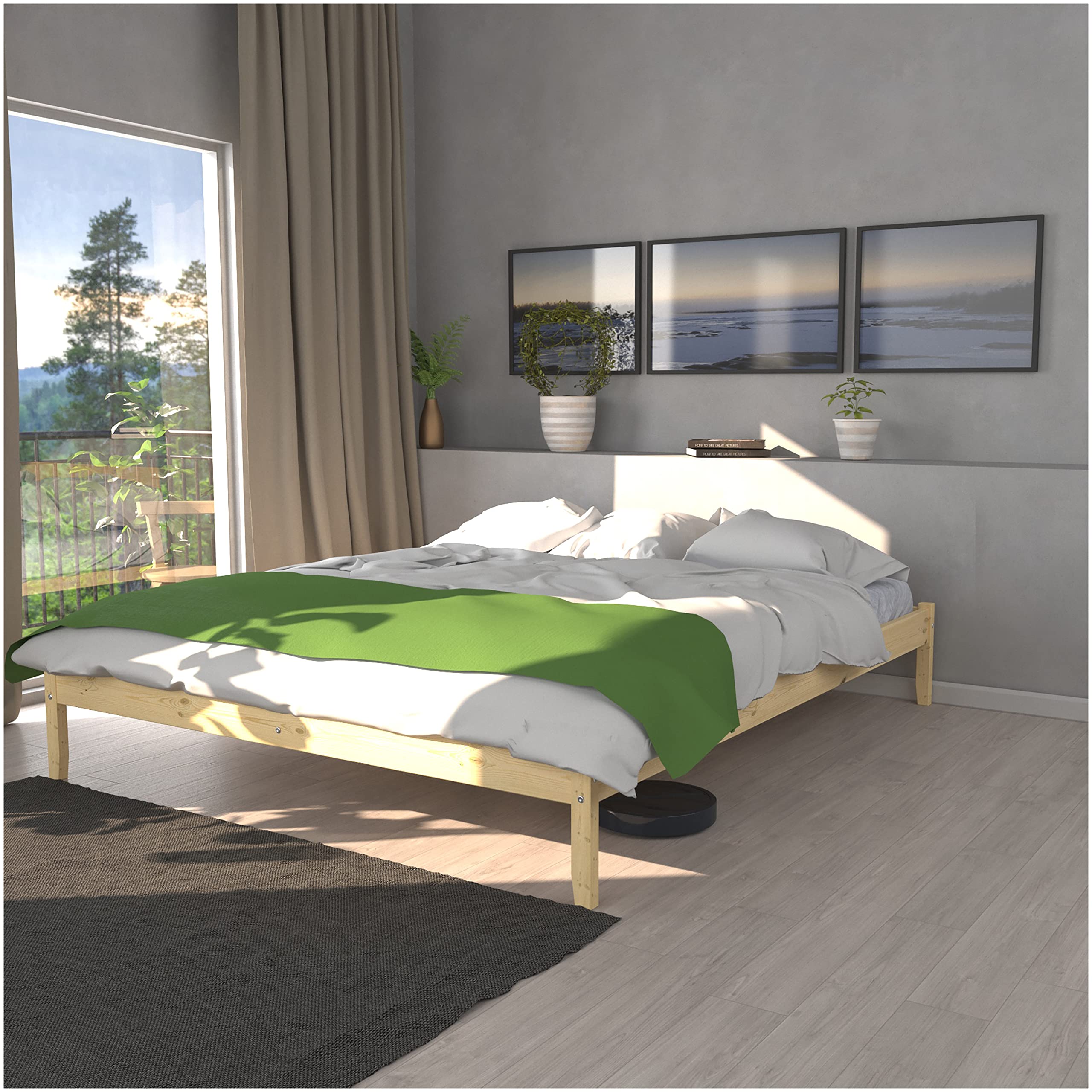 Queen Size Natural Solid Wood Platform Bed Frame Without Headboard — Foundation Bedframe | Easy Assembly Wooden Slats | No Box Spring Needed | Rustic Pine 60 x 80 — Springfield Collection