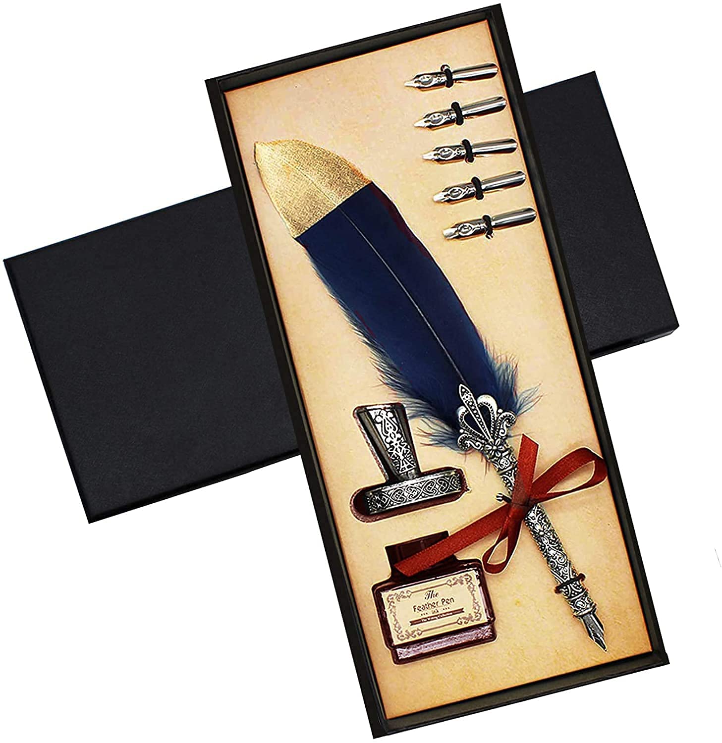 Quill Pen, Handmade Quill Feather Pen Set Antique Calligraphy Writing Quill Pen with Ink, Feather Pen with Ink and Steel Tips Calligraphy Set Quill Pen,6 Replacement Nibs/Contains ink(Navy Blue)1