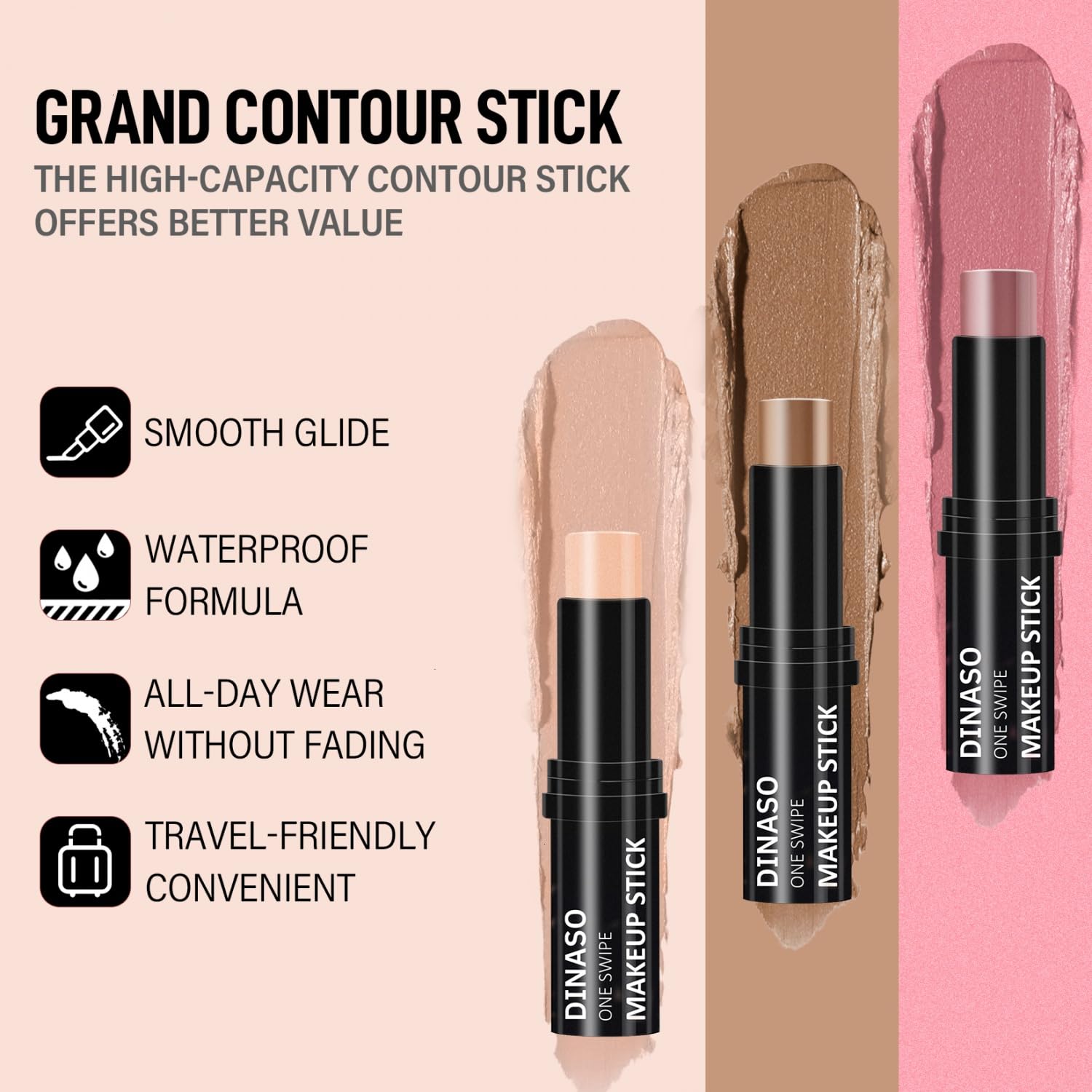 Yoken 3 PCS Contour Stick Kit - Makeup Stick with Highlighters, Bronzer Contour, and Blush - Waterproof and Sweat-Resistant Multifunctional Cream Contour Stick - Large Capacity - Light-Medium