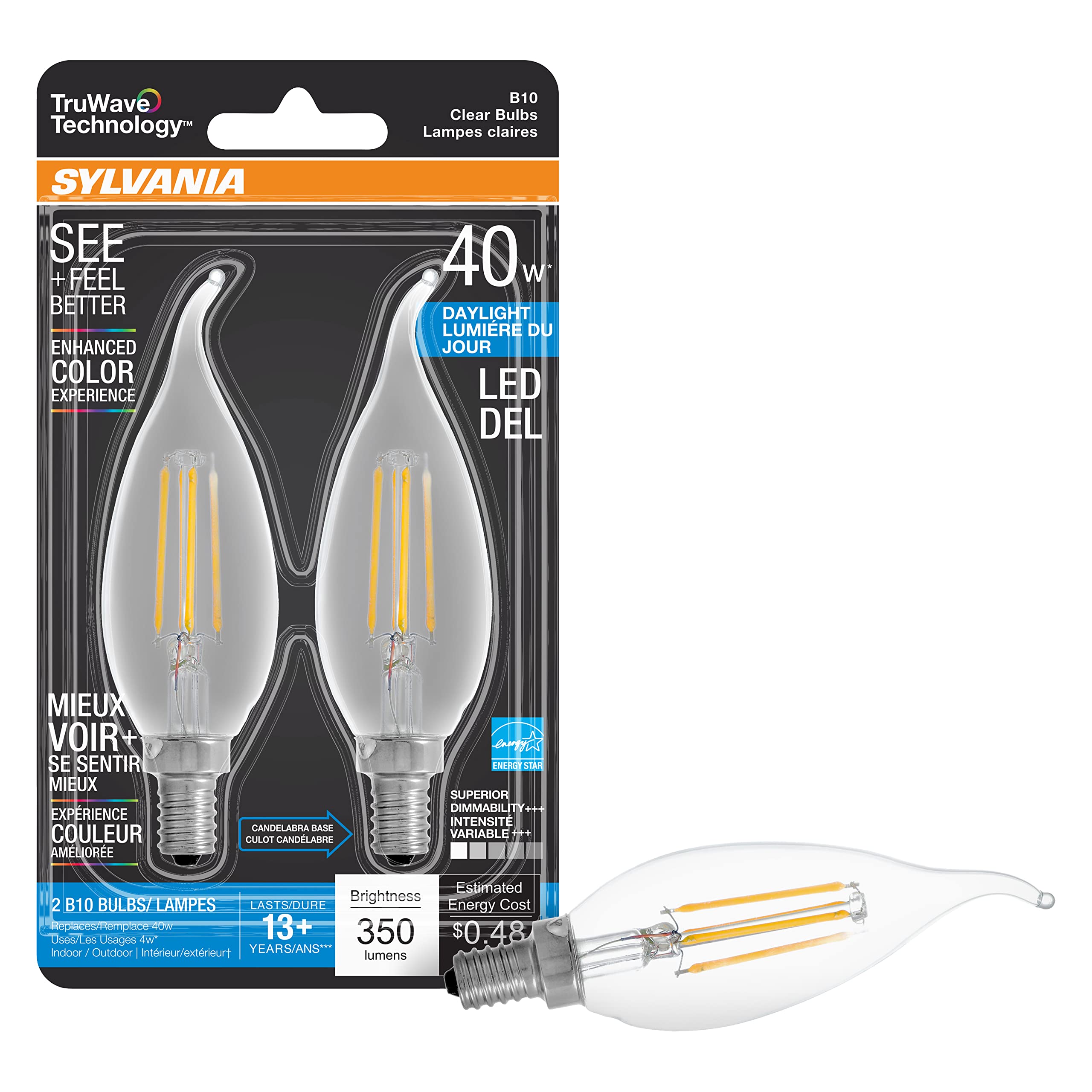SYLVANIA LED TruWave Natural Series Décor B10 Light Bulb, 40W Equivalent, Efficient 4W, Candelabra Base, 350 Lumens, Dimmable, Clear 5000K, Daylight (40791), 2 Pack,Soft White