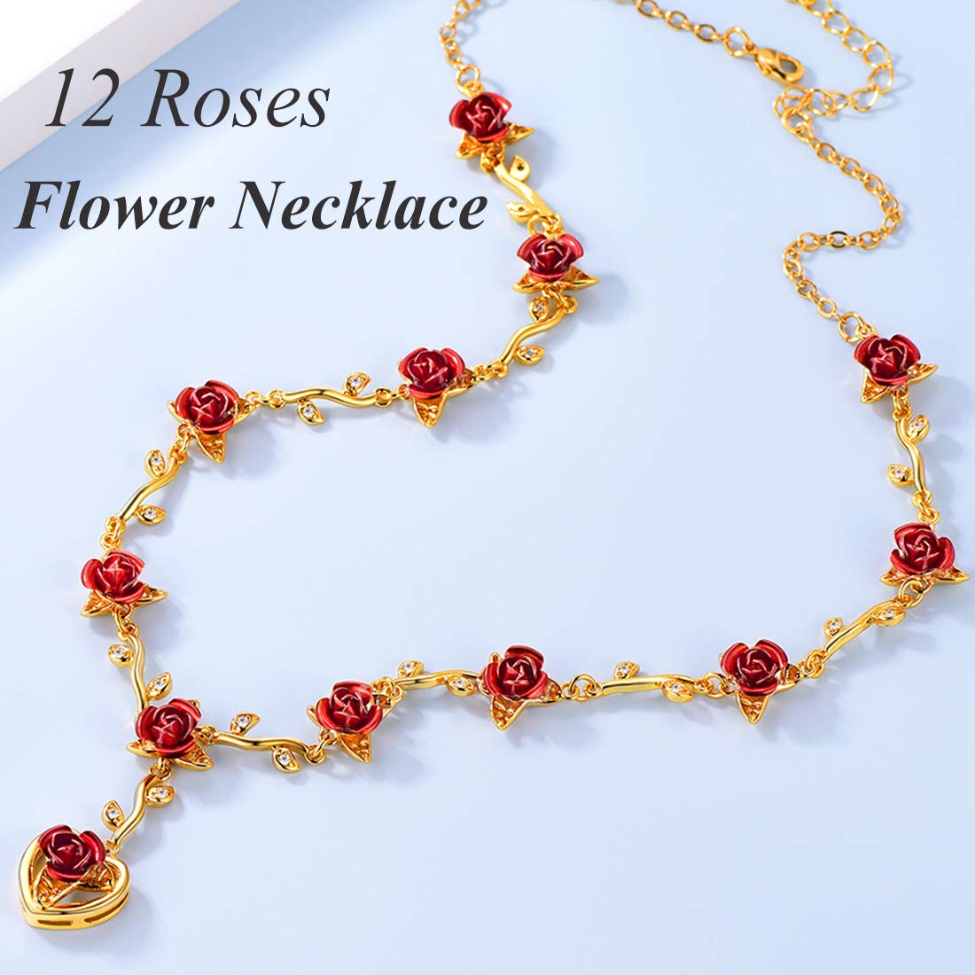U7 Beautiful Rose Necklace 18K Gold Plated Dozen Flower Link Chain Necklace Choker Collar, Y Necklace for Women, Lover Gift