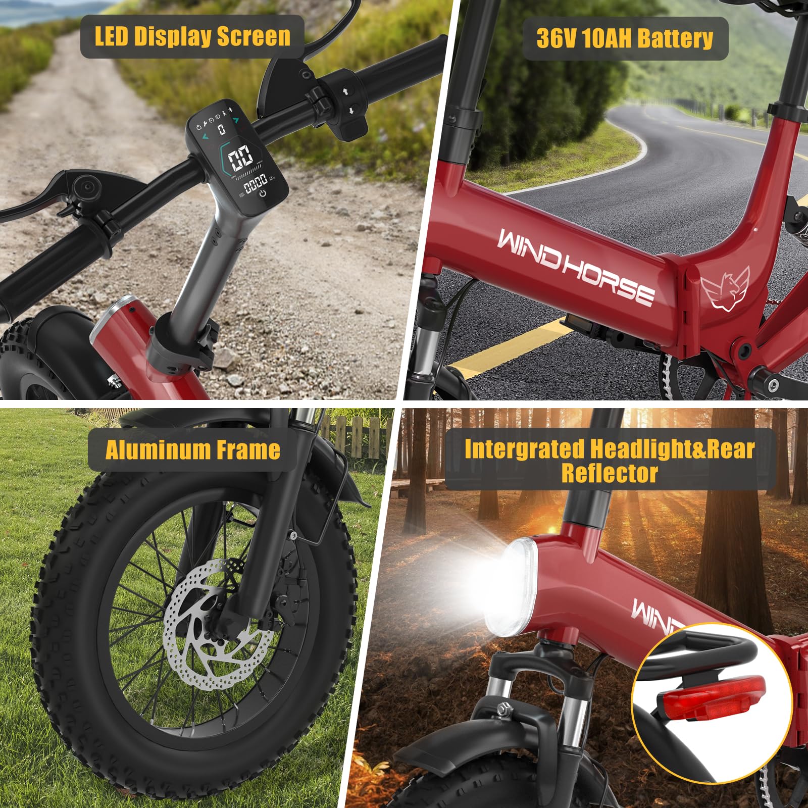 RIDWIND E-Bikes for Adults Electric, 16" Fat Tire Electric Bicycle, 20MPH Folding Ebikes with 36V Battery, APP Control, LED Display, IP67 Waterproof, Dumping Power Outage Snow Bicycle Electric