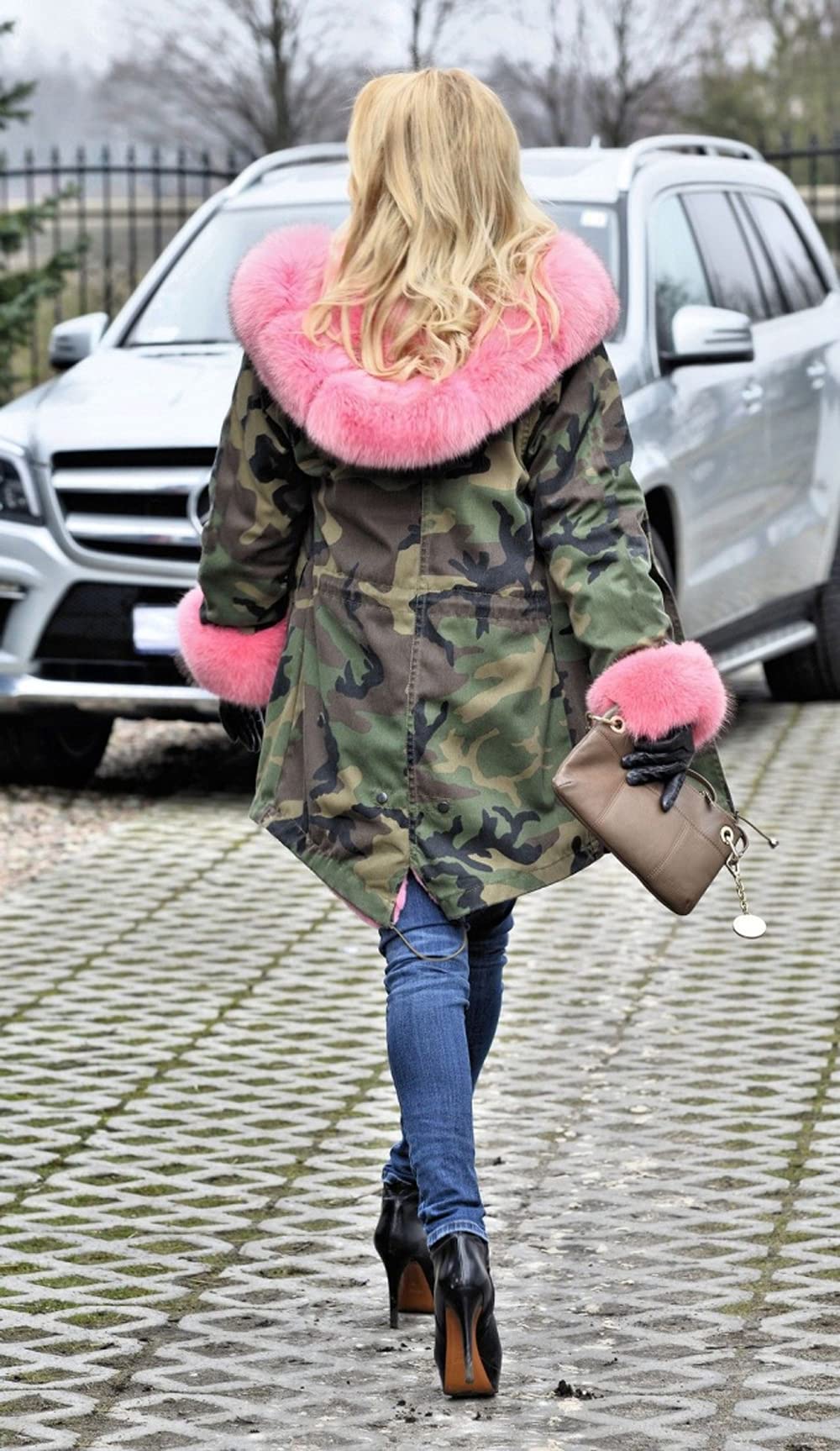 Roiii Womens Hooded Camouflage Warm Winter Coats Faux Fur Jacket Parka Overcoat(Medium,Pink)