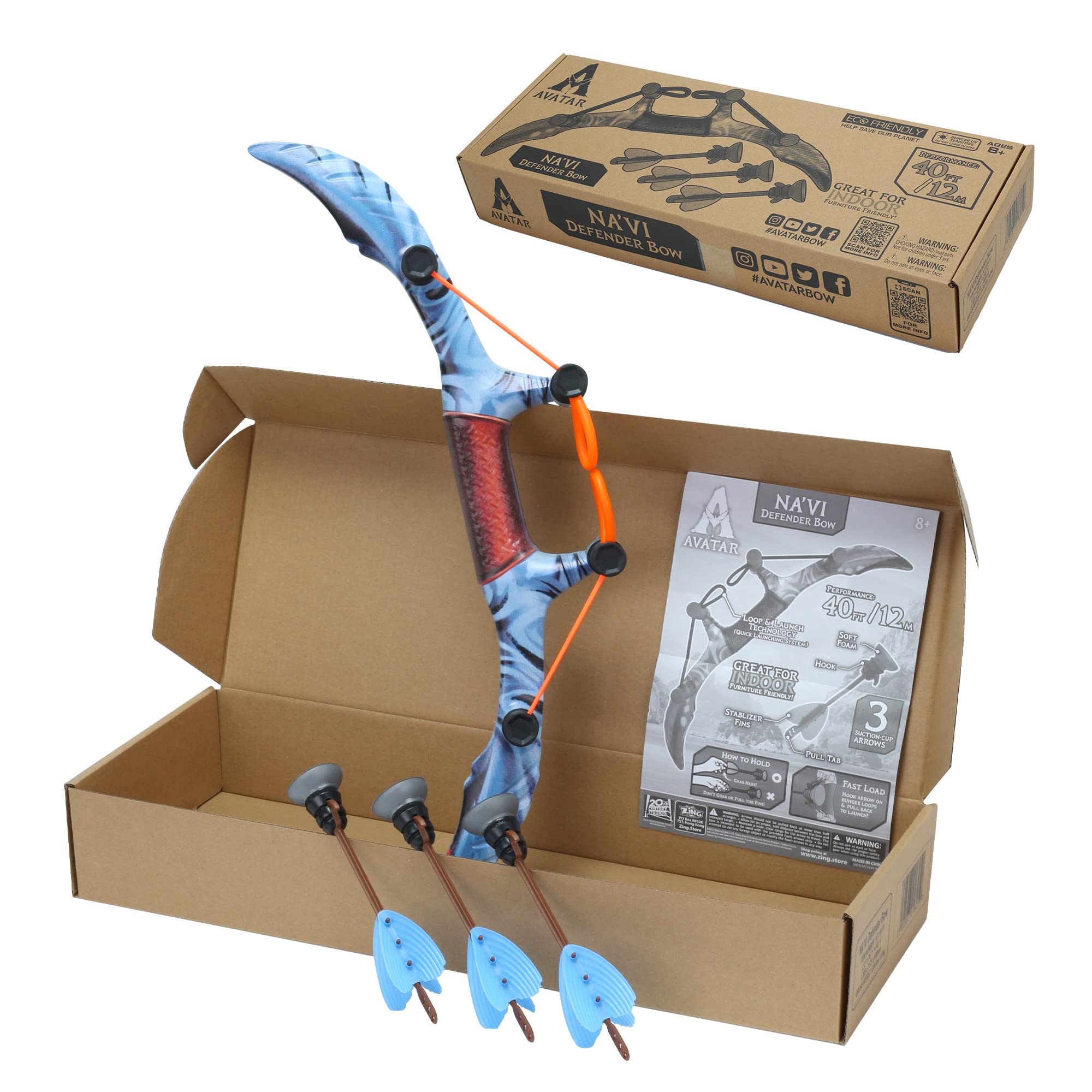 Zing Avatar Na'vi Defender Bow Pack - 1 Bow and 3 Suction-Cup Arrows, Officially Licensed Role-Play Bow, Shoots Safe Arrows Over 40ft, for Outdoor or Indoor Play, Age 8 and Up