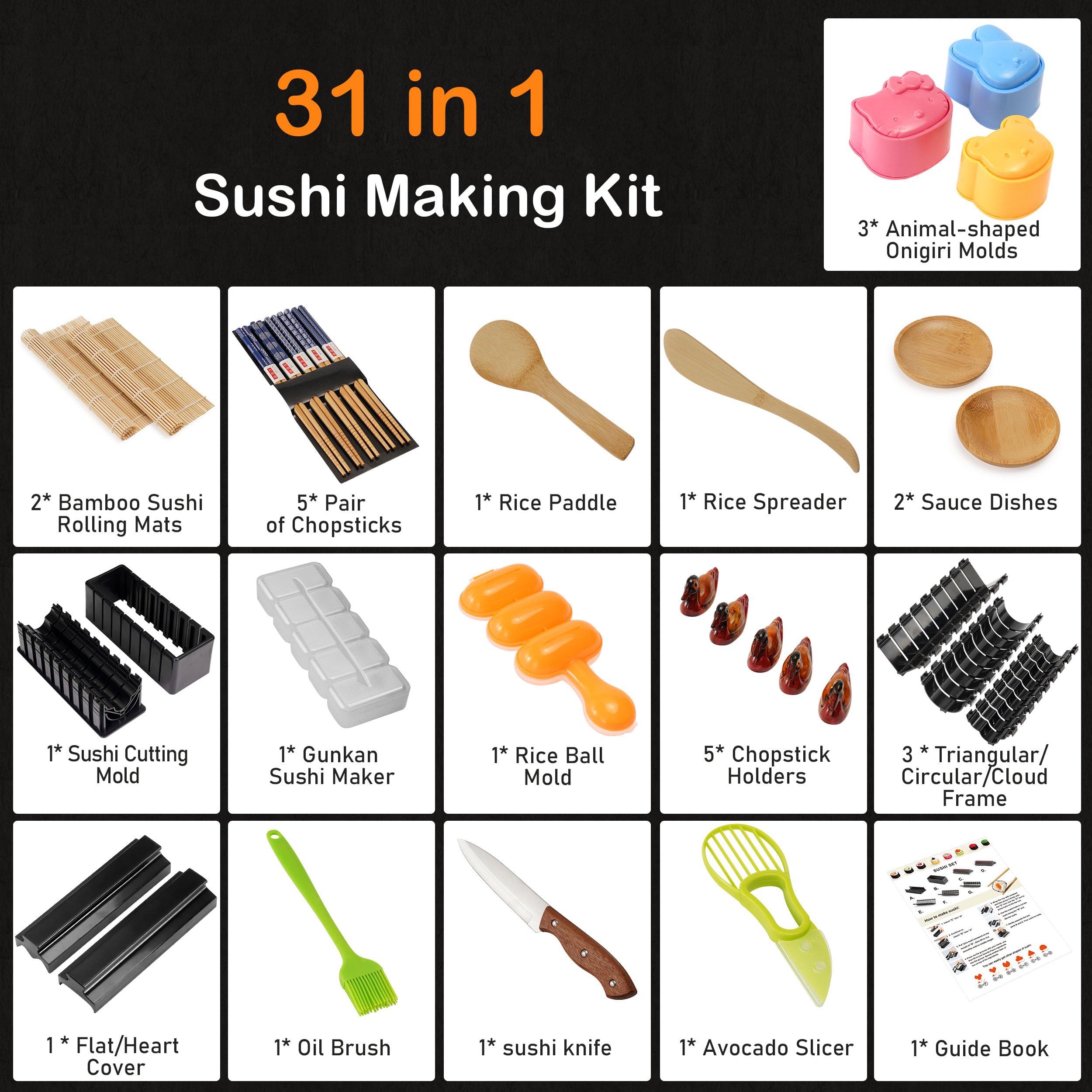 Upgraded 31 Pack Sushi Making Kit for Beginners & Sushi Lovers, Sushi Making Kitchen Accessories Like Bamboo Mats, Chef's Knife, Nigiri/Rice Ball Shaker/Gunkan Sushi Rice Mold and More