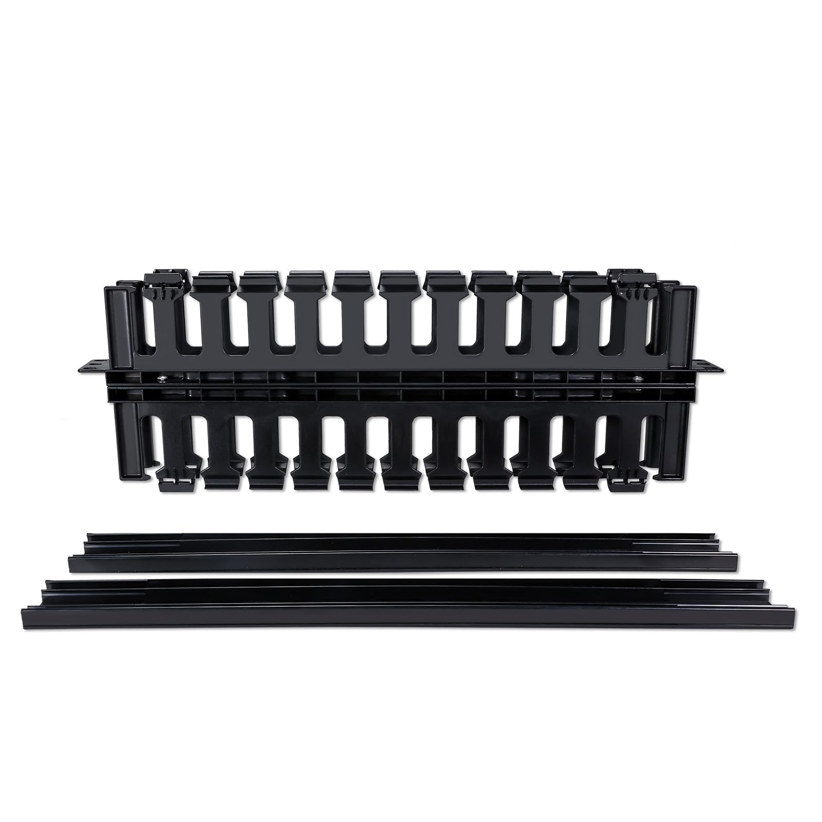 QSFPTEK 1U Cable Management, 24 Slot Horizontal Dual Sided Manager, 19" Rack Rails Wire Management Server Rack, Finger Duct with Cover, 6.85 in. Depth, Network Rack Wire Duct Raceway Panel