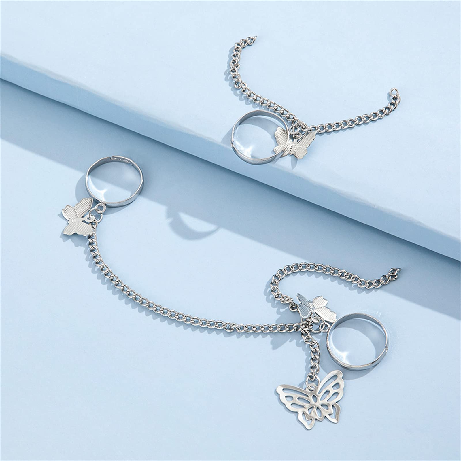 WCRAZYE 10pcs Chain Finger Rings for Women Men Adjustable Cool Punk Gothic Rings Cross Butterfly Knuckle Rings Vintage Statement Stackable Rings Set (10 Chain Rings)