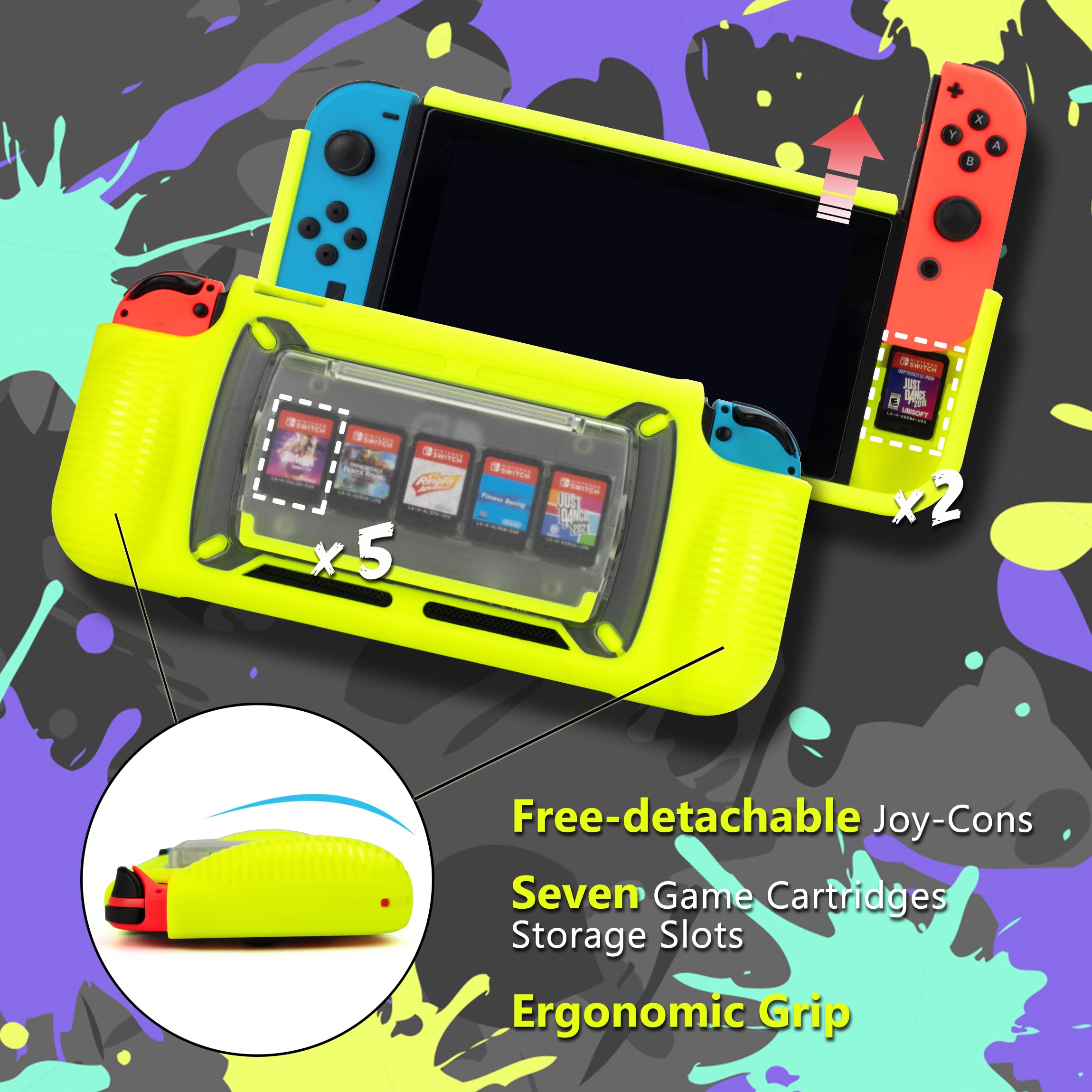 Protective Case for Nintendo Switch, Grip Case with Game Storage, Nintendo Switch with Stand, Nintendo Switch Cover, Neon Yellow