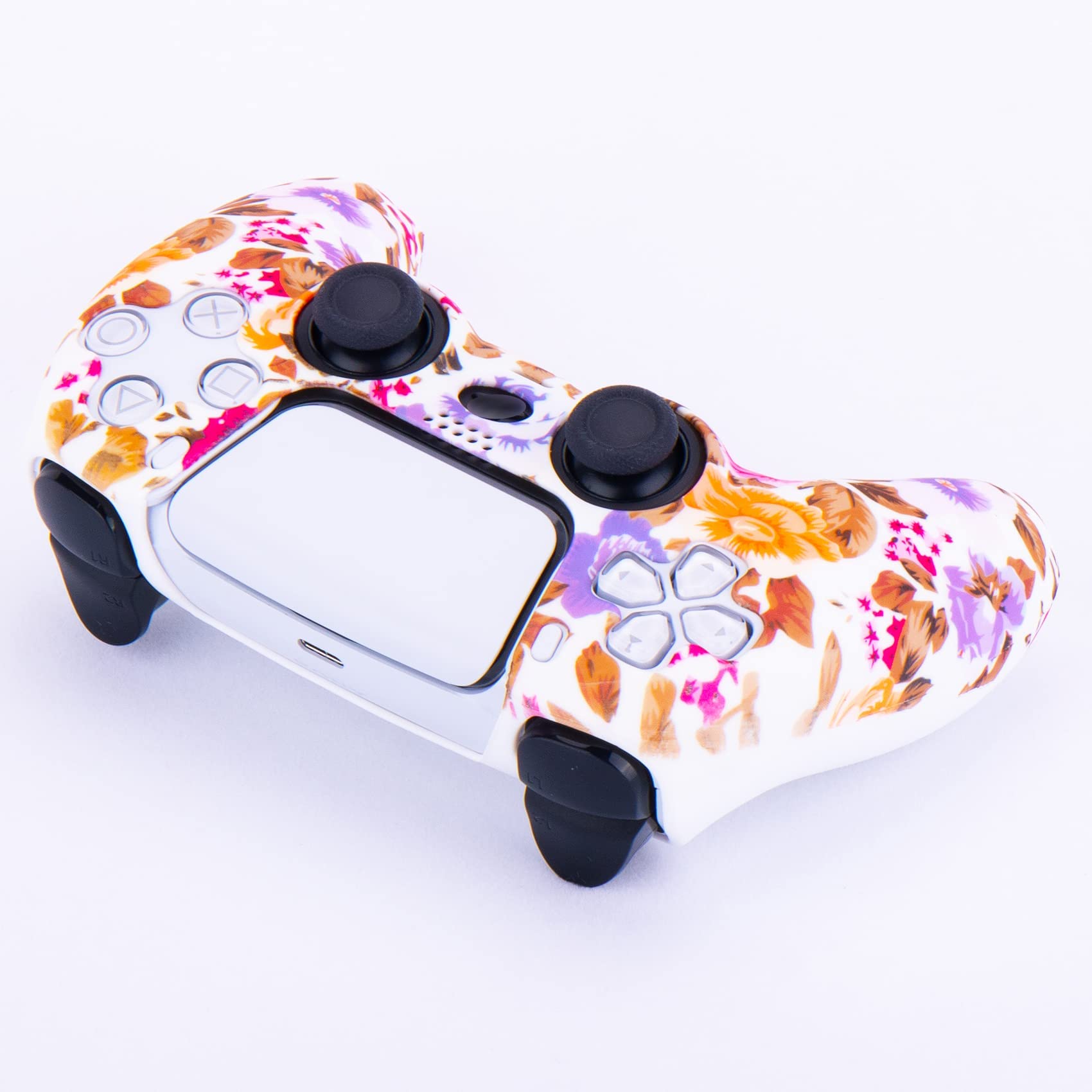 YoRHa Water Transfer Printing Silicone Thickened Cover Skin Case for PS5 Controller x 1(Flowers) with Thumb Grips x 10