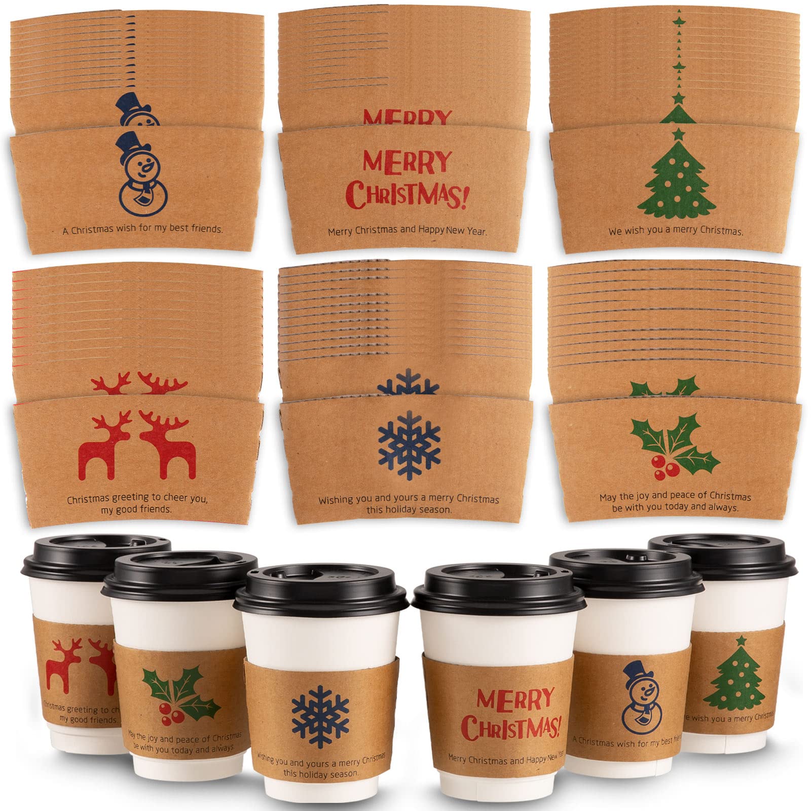 Whaline 60 Pack Christmas Coffee Cup Tea Cup Sleeves 6 Designs Kraft Paper Sleeves for 12 and 16oz Paper Cup Disposable Corrugated Cup Paper Jacket for Hot Chocolate Cocoa or Cold Beverage