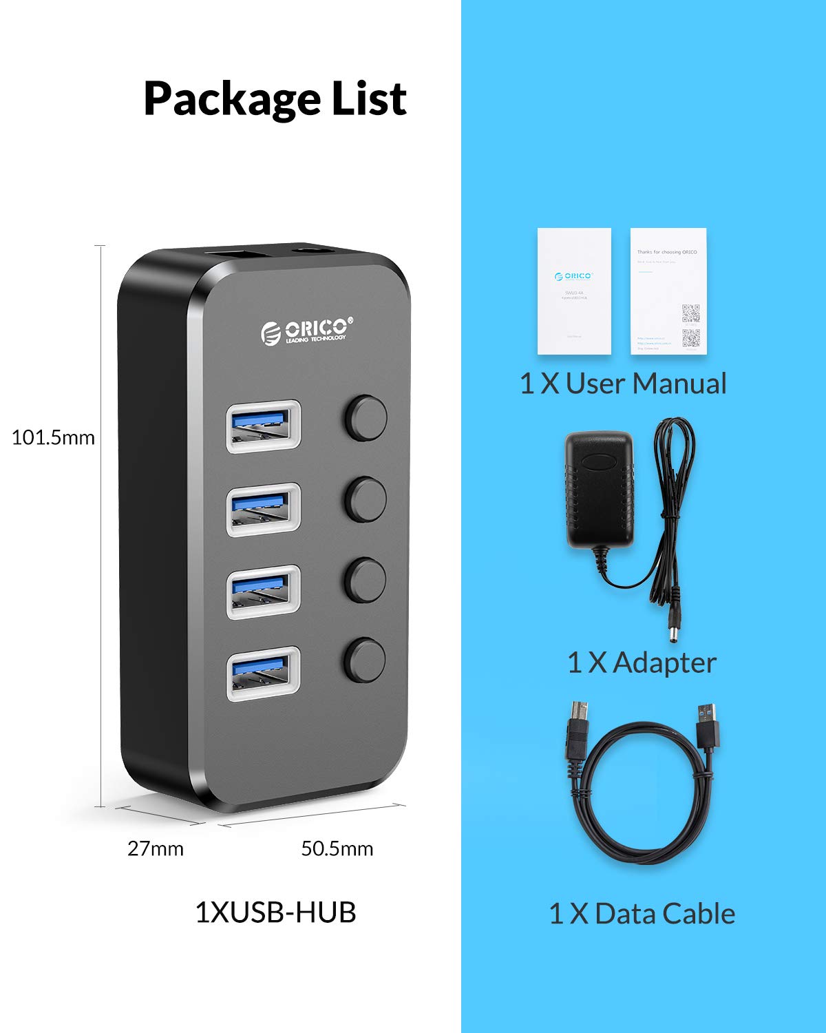 USB Hub 3.0, ORICO 4 Ports USB Data Hub + 1 USB Smart Charging Port, 39.37 Inch USB Extension Cable, 12V/2A Power Adapter and Individual On/Off Switches for PC, HDD, PS4 and More