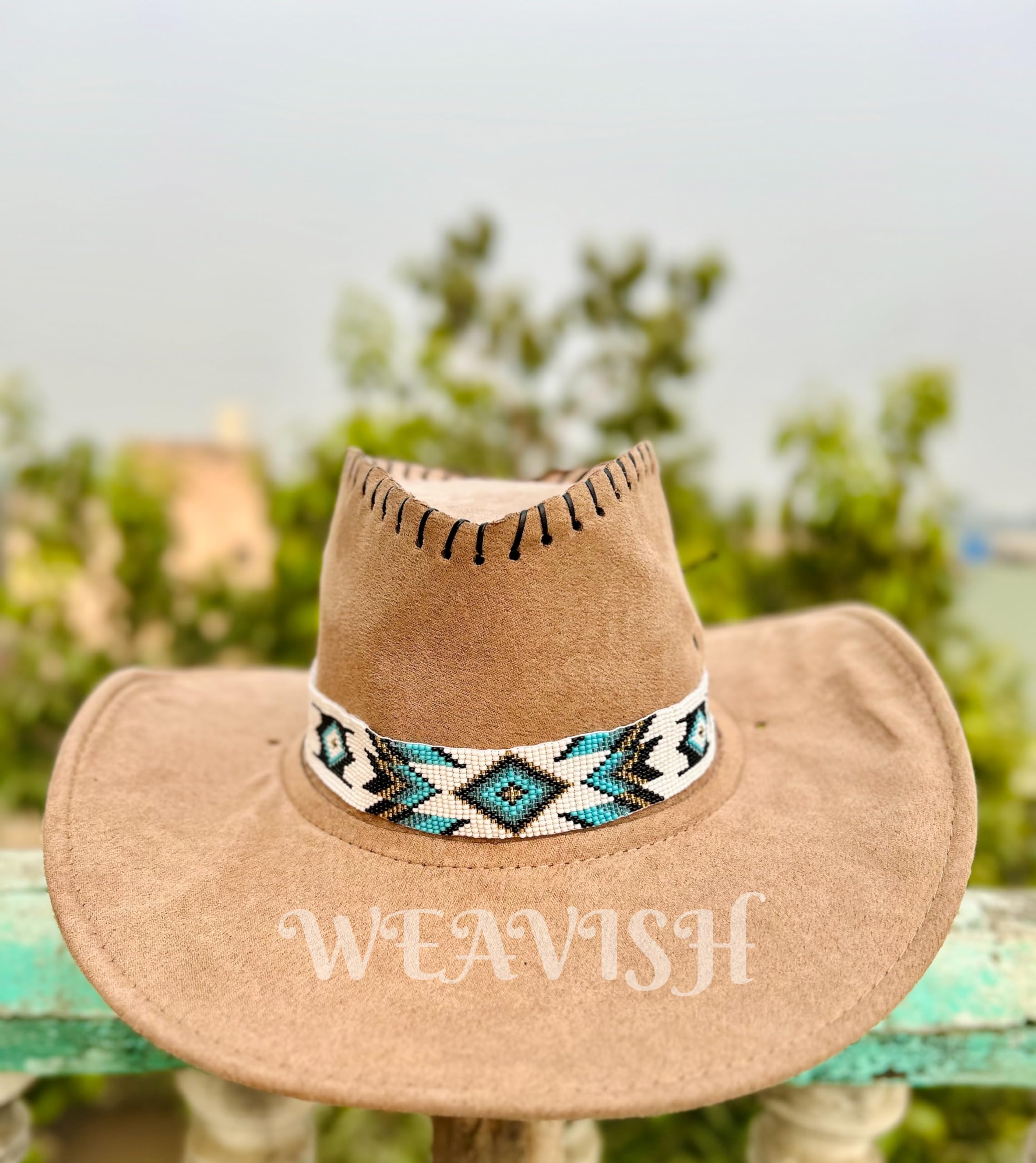 Weavish Beaded Hatband Native American Style Southwestern Cowboy Rode Handmade Head/Hat Band Collection [ ] (White,turquoise)