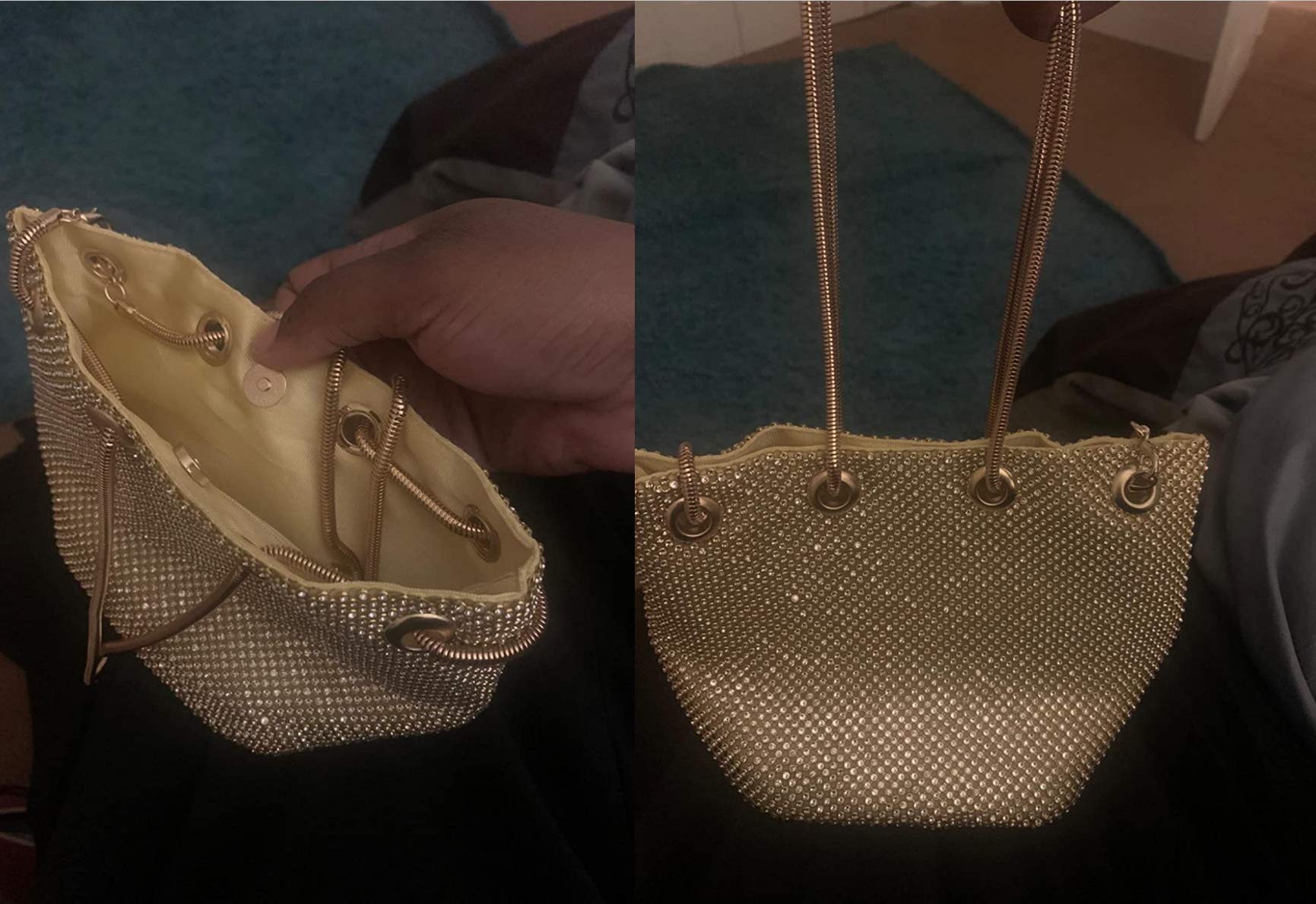Vgift Evening Purse Women, Rhinestone Bucket Bag Crystal Purse for Wedding Party, Gold