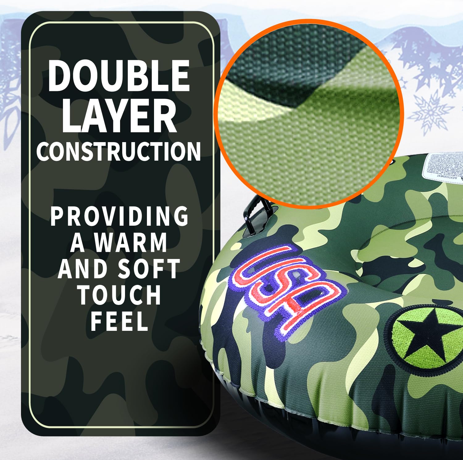 Wham-O Snowboogie Super Snow Tube 46" Oversize Deluxe USA Camo Edition | Single Rider Snow Sleds | Inflatable Snow Sled for Adults & Children