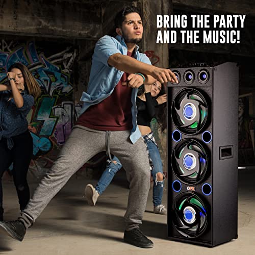 QFX SBX-412300BT TWS Bluetooth Triple 12β Woofer Triple 1β Tweeter Recording High-Performance PA Cabinet Speaker with 10-Band Graphic EQ, 2 Microphone Inputs, Guitar Input, and AUX Input, Blue