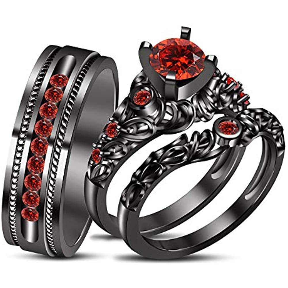 V Touch Round Cut Red Garnet Men's & Women's Trio Wedding Ring Set 14k Black Gold Plated 925 Sterling Silver.