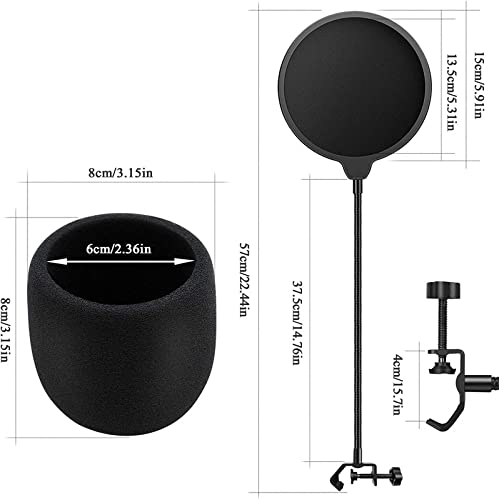 YOTINO Microphone pop filter- Dual Layered Pop Wind Screen,Flexible 360°Gooseneck Clip Stabilization Arm Mic Cover Foam windscreens for Blue Yeti,Yeti Pro Condenser Microphone 2 in 1 Pack