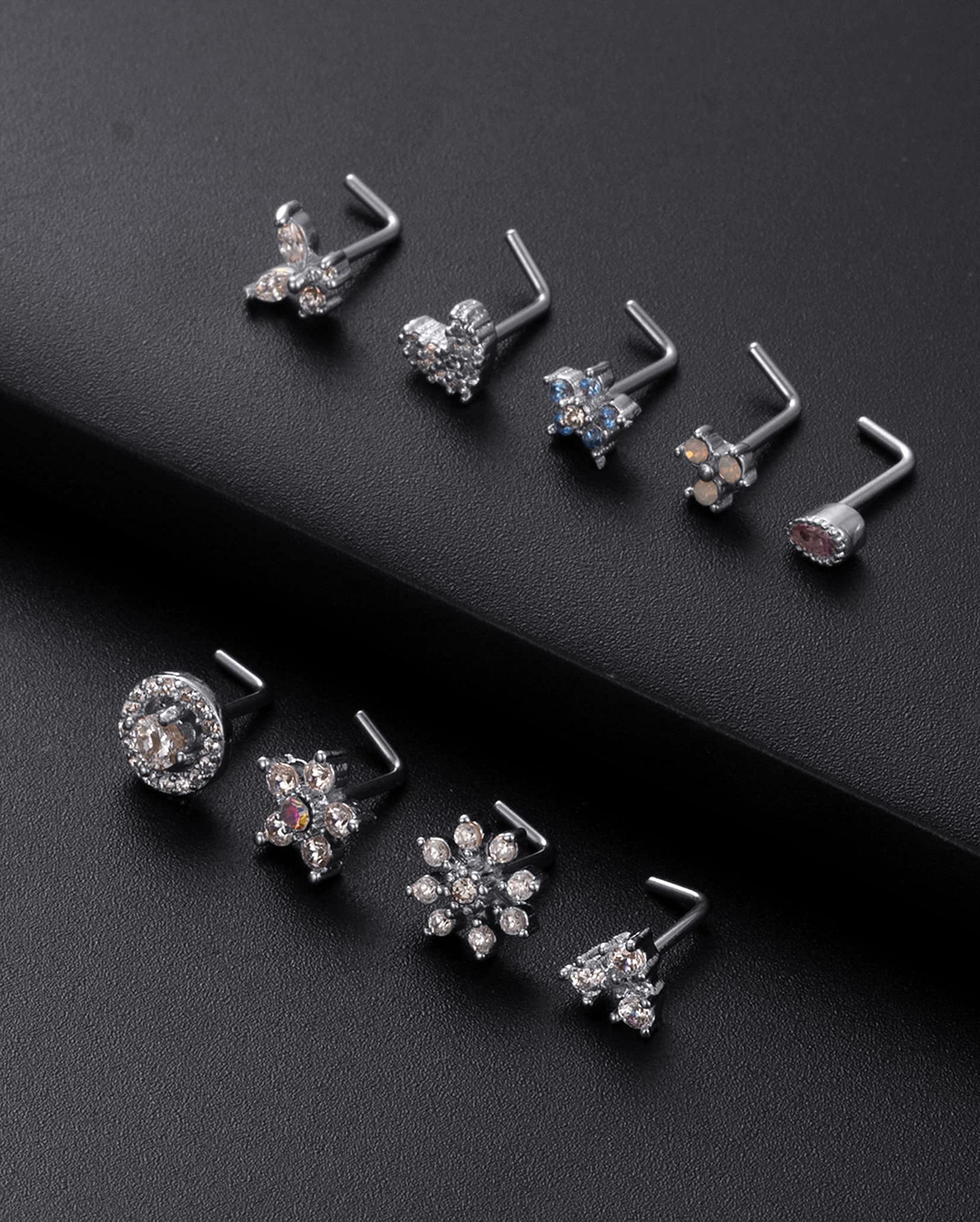Tornito 9Pcs Nose Rings Stud L Shaped Nose Ring Flower CZ Snowflake Butterfly Screw Nose Stud Body Piercing Jewelry for Women Men 20G Silver Tone