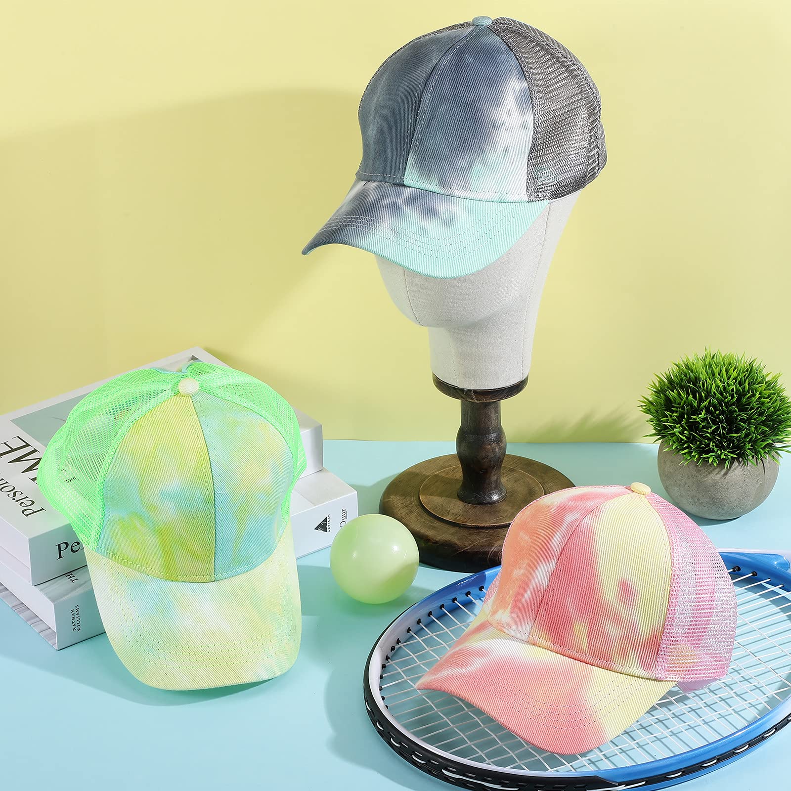 SATINIOR 7 Pieces Tie Dye Ponytail Cap Messy Buns Baseball Cap Ponytail Adjustable Mesh Trucker Baseball Cap Distressed Ponytail Trucker Ponycap Dad Trucker Mesh Hat 7 Colors,One Size
