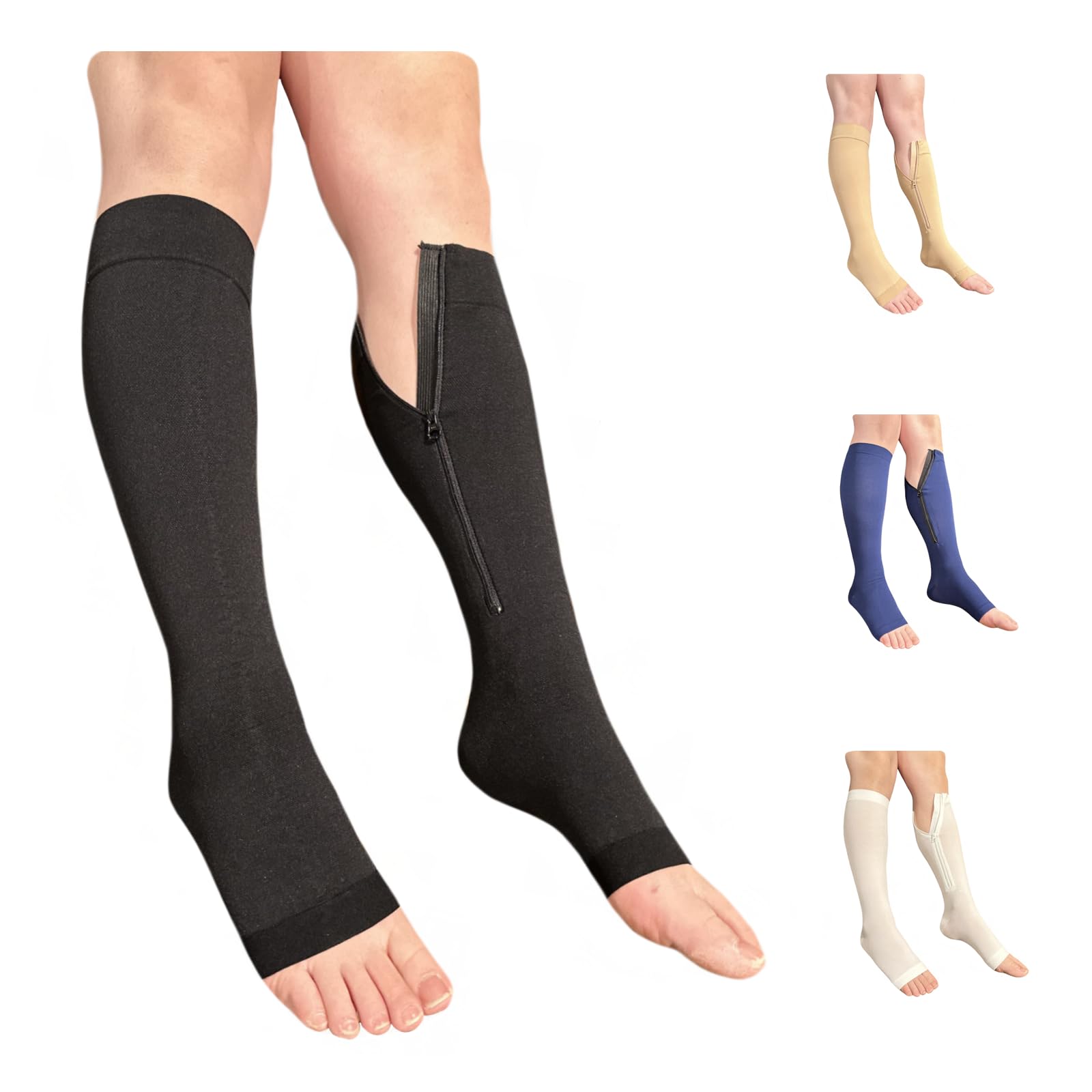 Ziperior Open Toe Inside Leg Calf Zipper 30-40 mmHg Grade 3 Compression Socks (Black, Small-Medium)