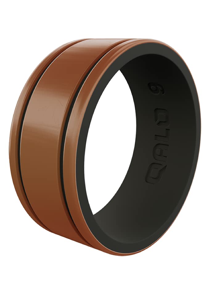 QALO Men's Rubber Silicone Ring, Metallic Striped Strata, Comfort Fit, Silicone Rubber Wedding Band, Breathable, Durable Wedding Ring for Men, 9mm Wide 1.85mm Thick, Copper & Black, Size 9