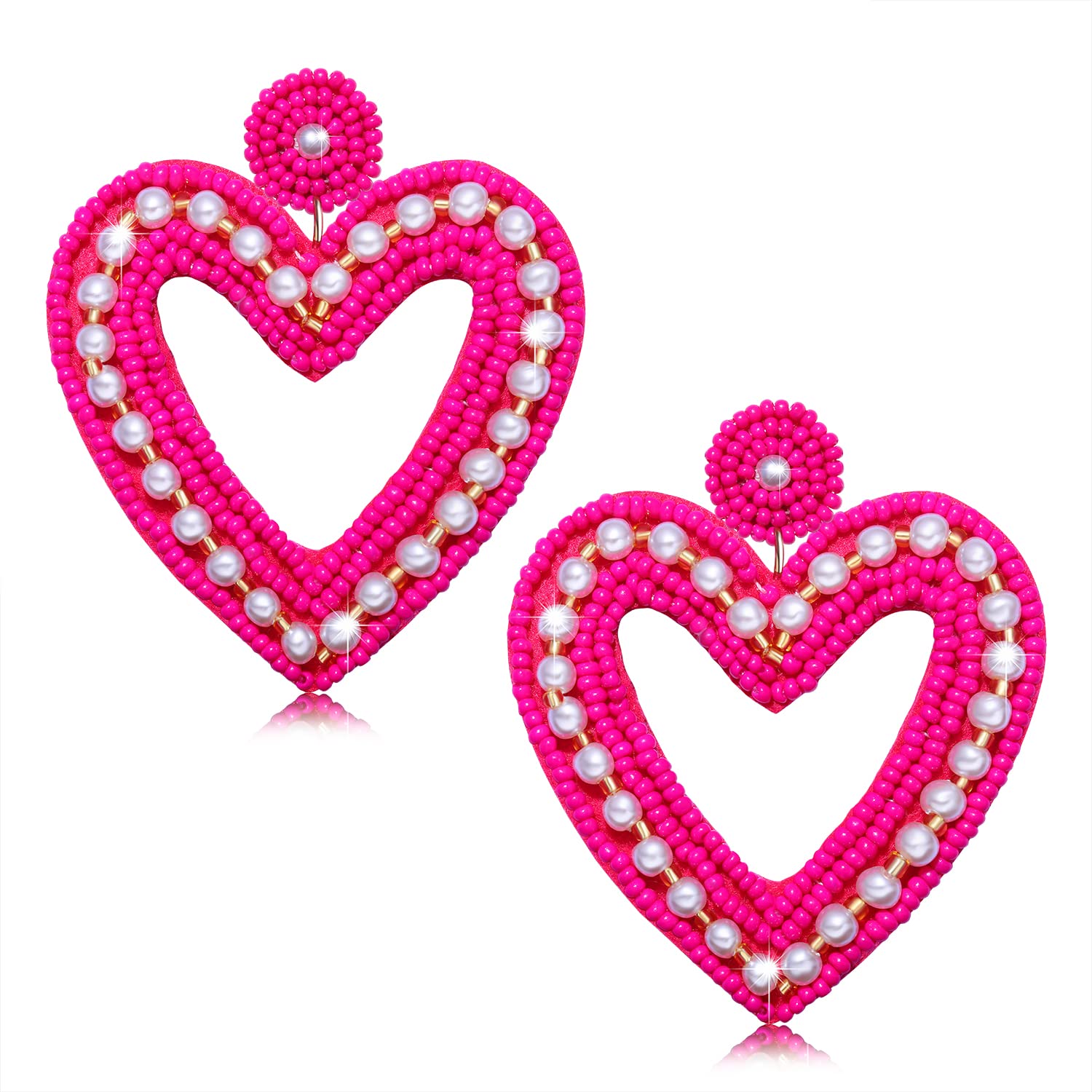 Valentines Heart Earrings Handmade Pearls Embellished Love Heart Beaded Earrings Fashion Trendy lightweight acrylic double heart Dangle Earrings for Women Valentineās Dating Jewelry