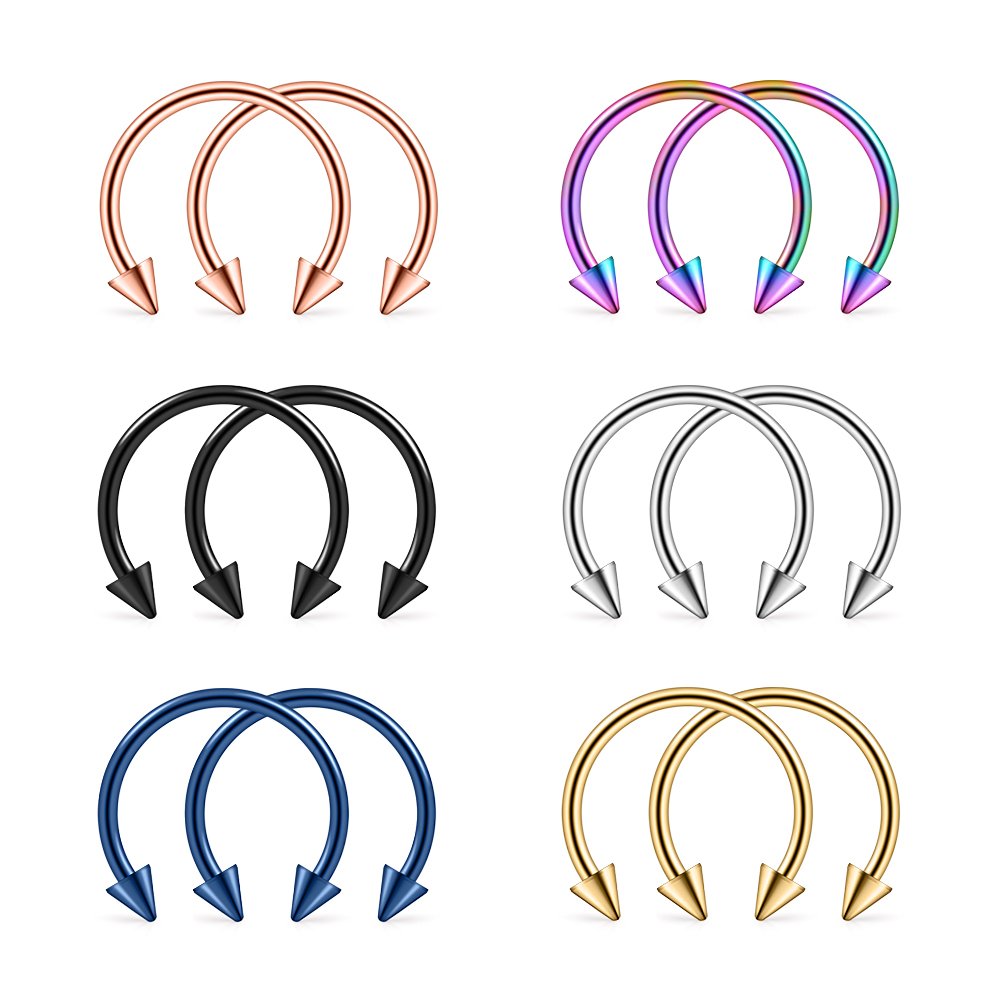 Ruifan 12PCS Assorted Colors Surgical Steel CBR Non-Piercing Fake Nose Septum Horseshoe Earring Eyebrow Tongue Lip Piercing Ring with 3mm Spikes 16G 10mm