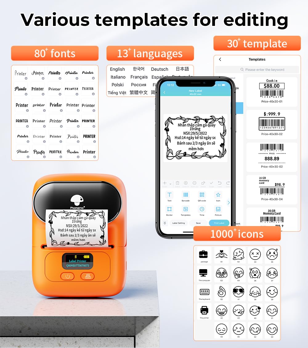 Phomemo M110 Label Maker, Barcode Printer, Bluetooth Portable Thermal Label Printer for Small Business, Sticker Printer Inkless Labeler for Address, Logo, Clothing, Mailing, for PC & Phone