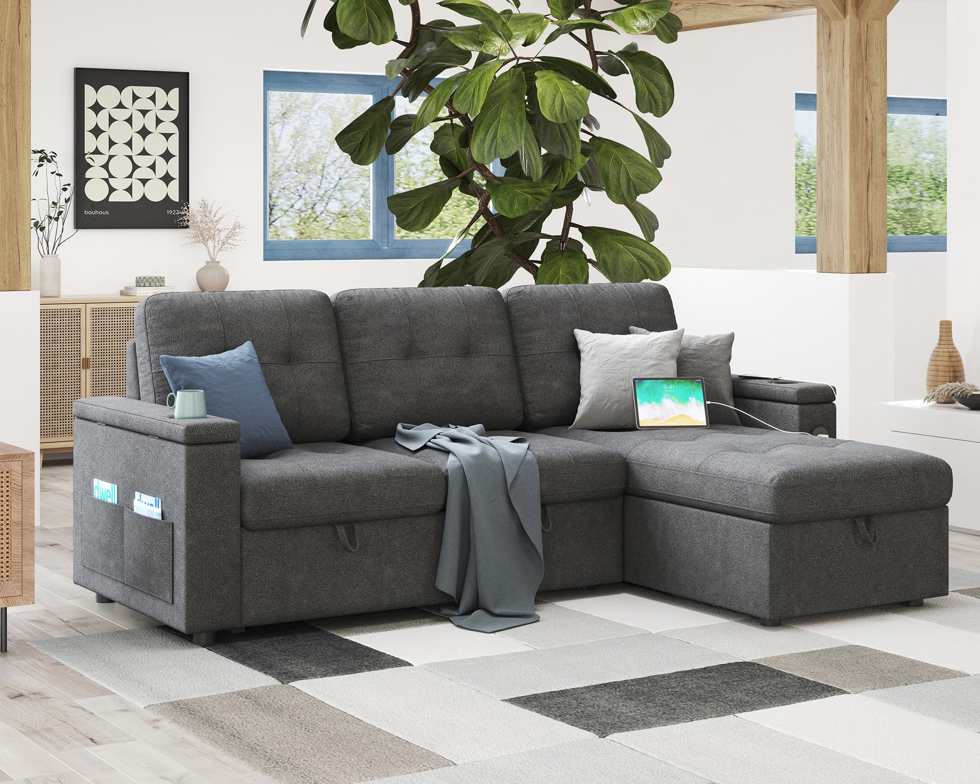 PaPaJet 84 Inch Sleeper Sofa Bed, Tufted Pull Out Sofa Bed with 2 USB Ports & Cup Holders, L Shape Sectional Sofa Bed with Storage Chaise- Dark Grey
