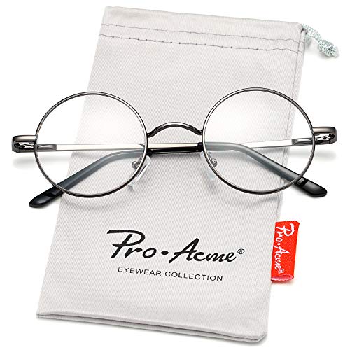Pro Acme Non Prescription Clear Lens Glasses Retro Small Round Metal Frame (Gunmetal)
