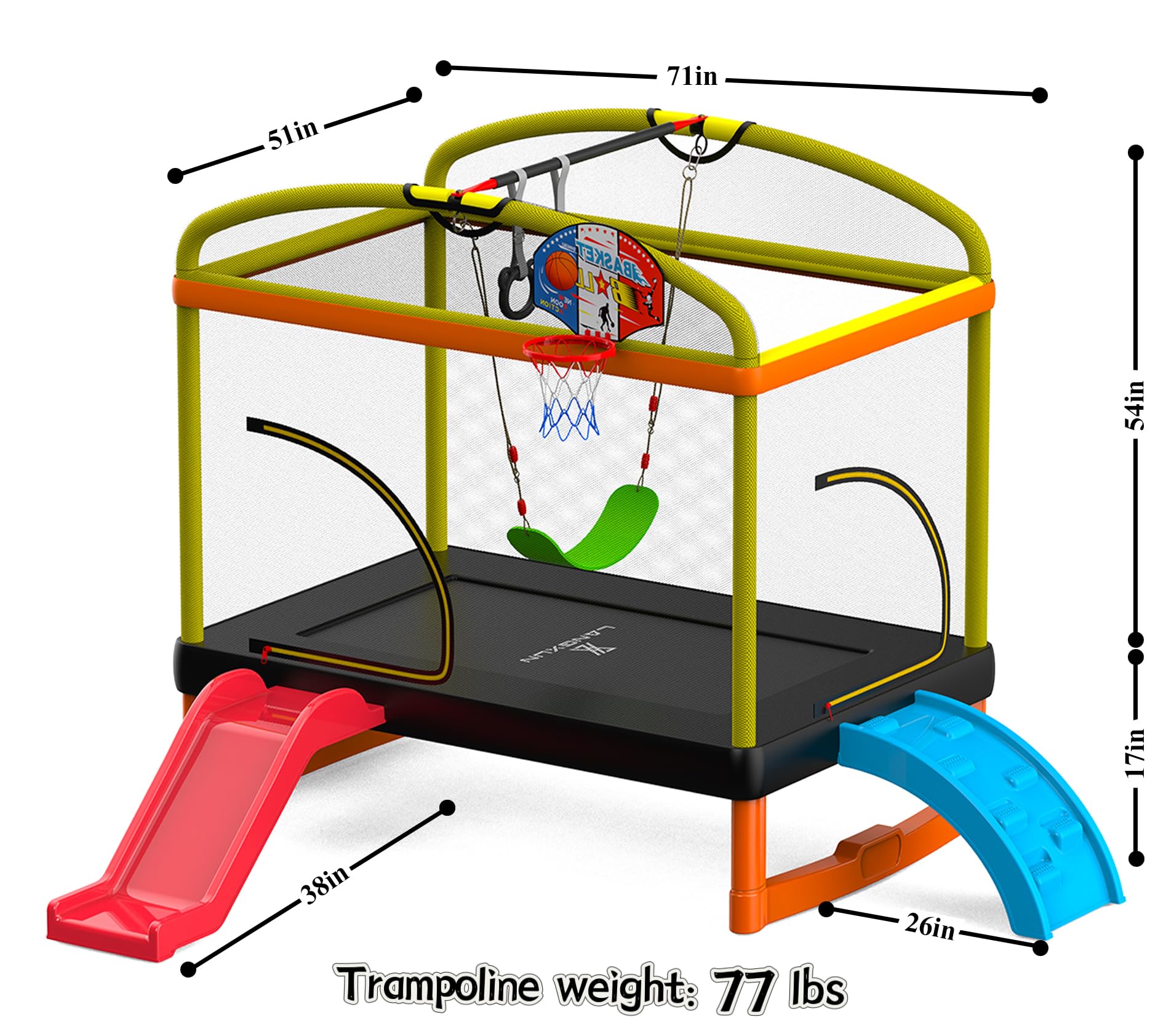 USPOINT 6.5ft Climb Slide Swing 7-in-1 Mini Rectangular Trampoline for Kids | Birthday Gift for Girls and Boys, Indoor Outdoor Toddler's Trampoline with Safety Net Enclosure, Padding, Zipper