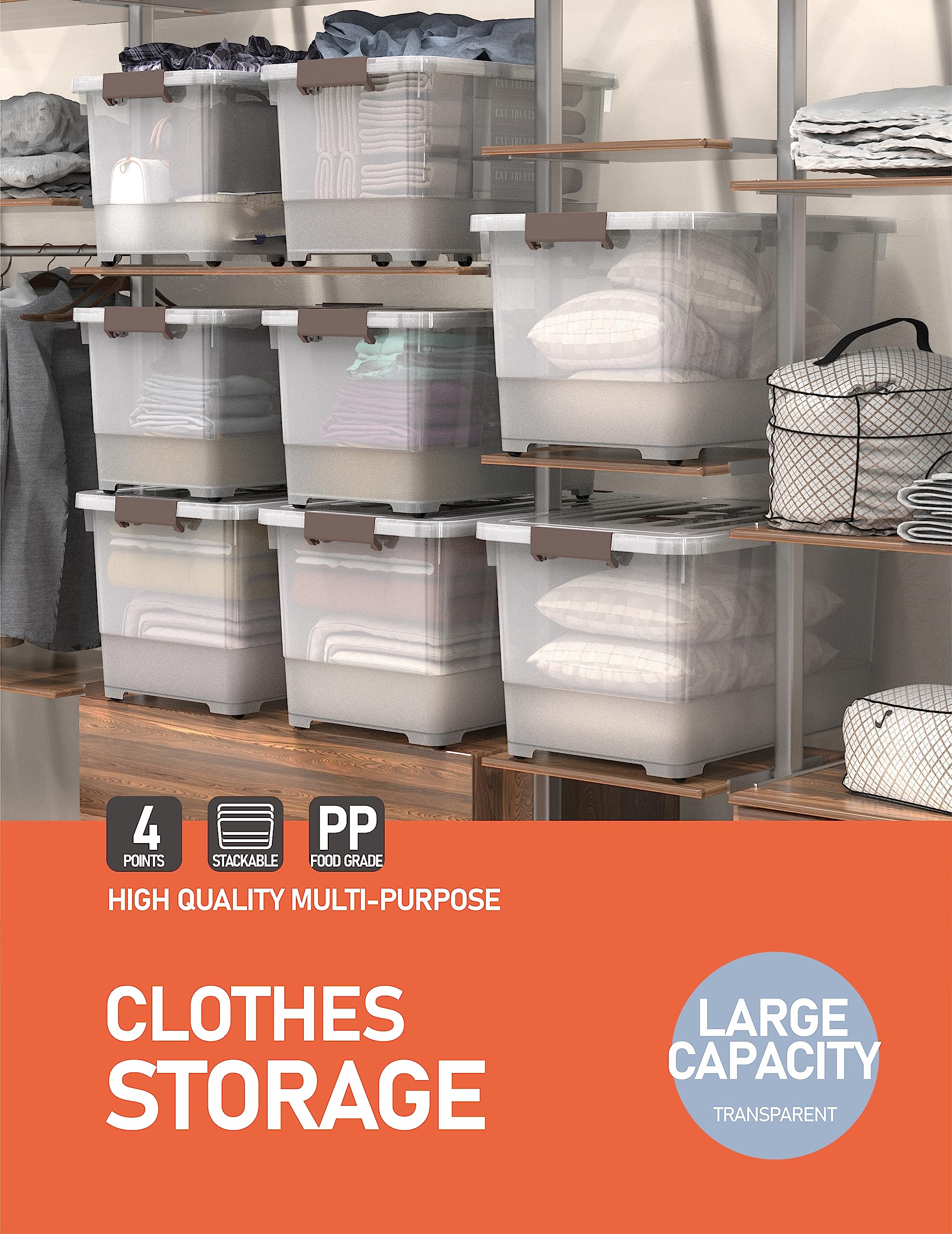 WYT 32 Qt Plastic Storage Bin Organizing Container with Durable Lids and Latching Buckle, Tote Box Stackable and Nestable, 4-Pack