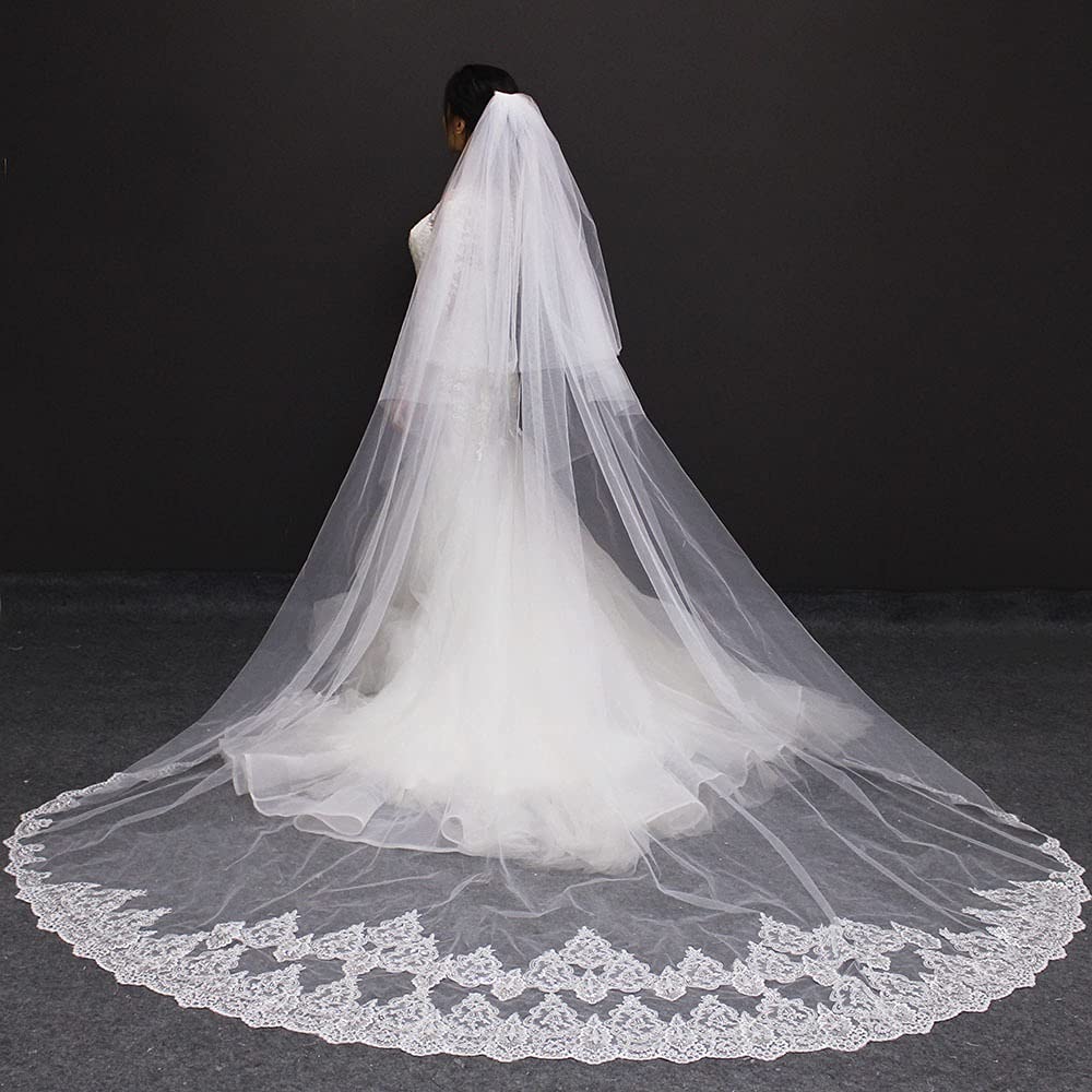 Wedding Veil Wedding Accessory 3 Meters 2T White&Ivory Sequins Blings Sparkling Lace Edge Purfle Long Cathedral Wedding Veils (Color : White)